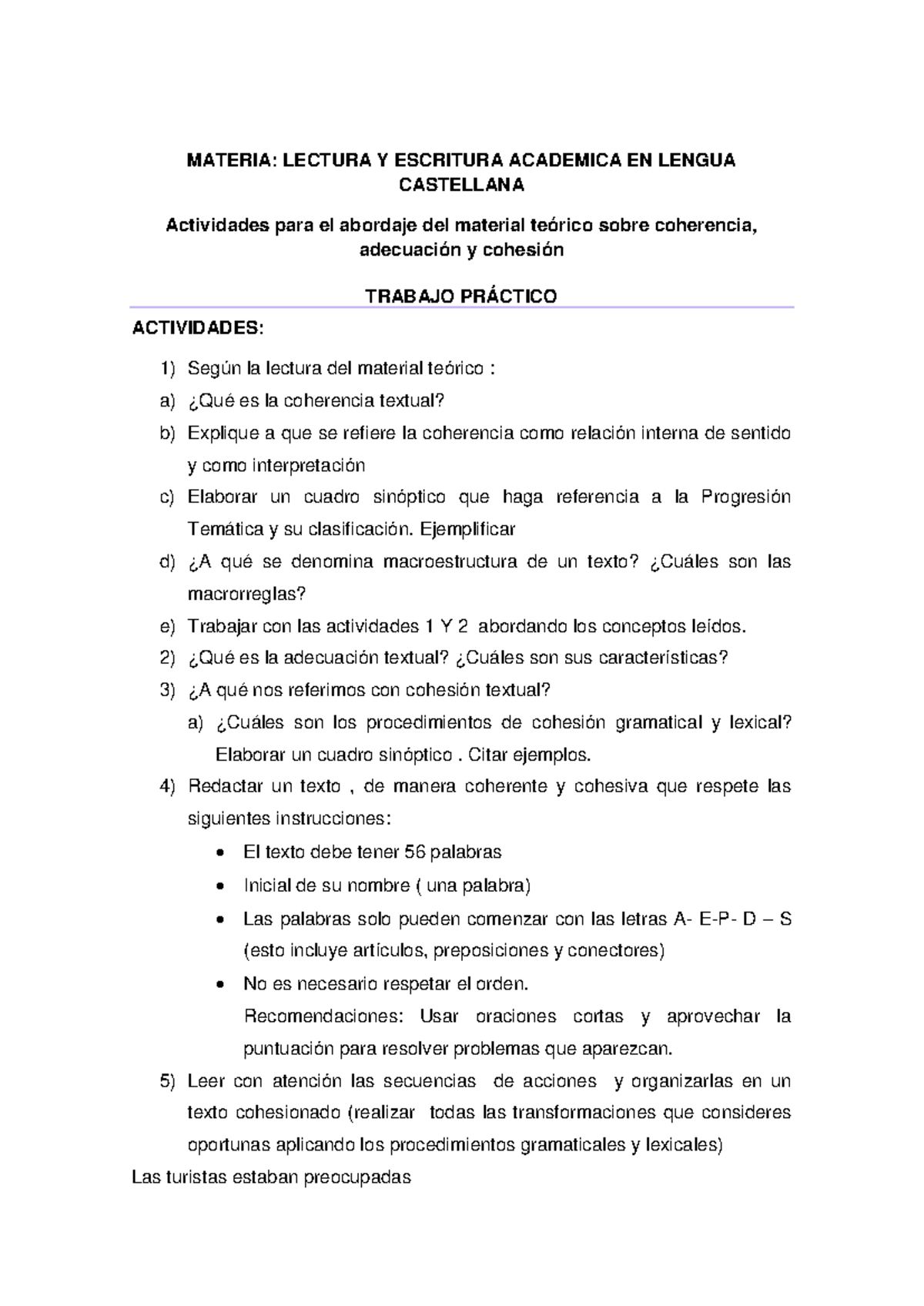 Coherencia Y Cohesion Actividades - MATERIA: LECTURA Y ESCRITURA ACADEMICA EN LENGUA CASTELLANA ...