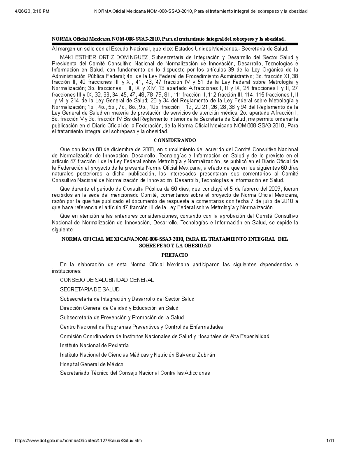 Norma Oficial Mexicana NOM-008-SSA3-2010 , Para el tratamiento integral del sobrepeso y la ...