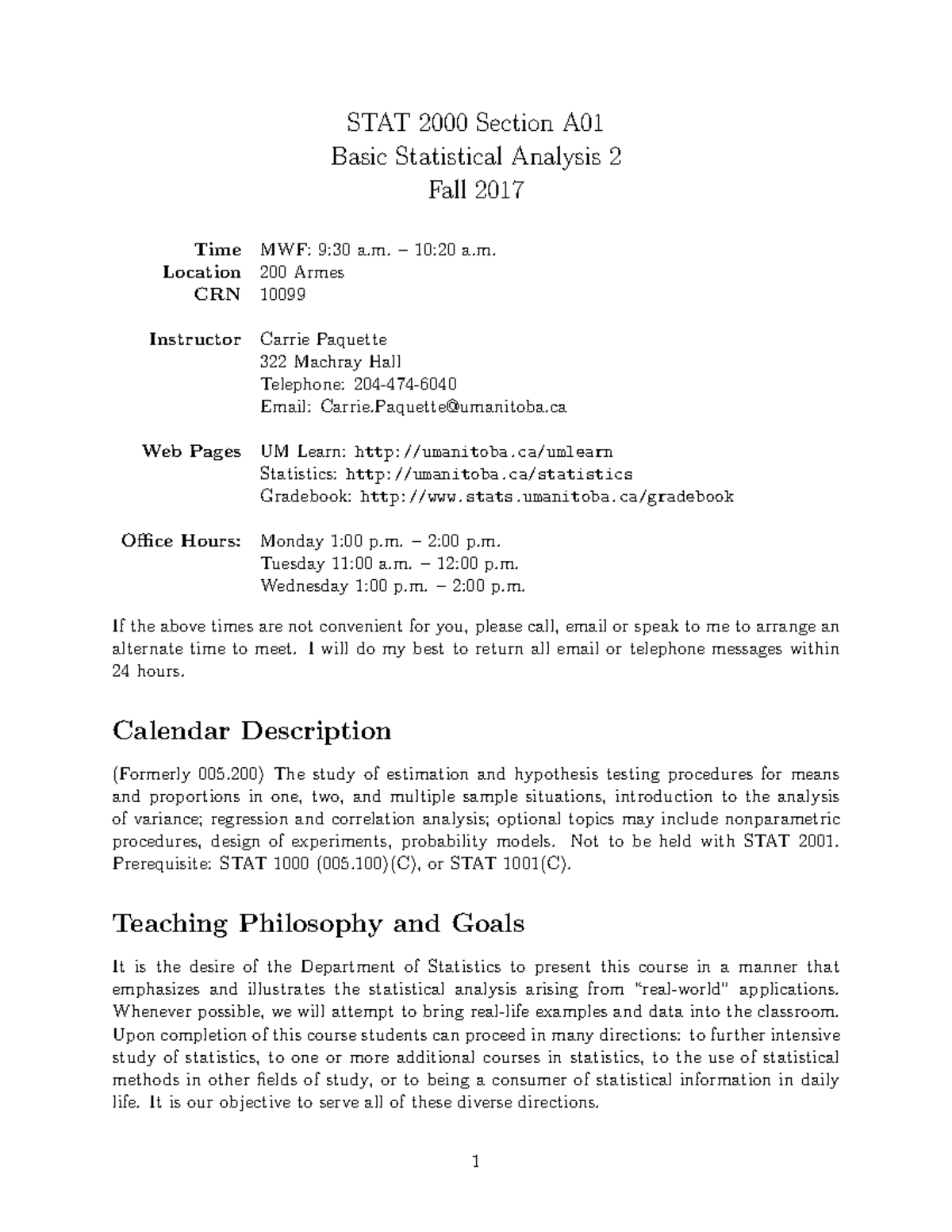 STAT 2000 - STAT 2000 Section A01 Basic Statistical Analysis 2 Fall ...