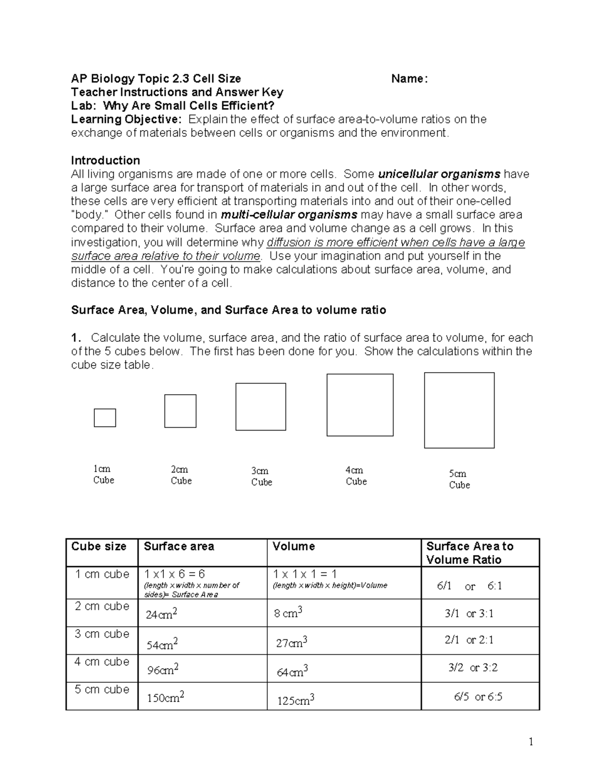 Topic 2.3 Lab, Why Are Small Cells Efficient Student Copy - 1 AP ...