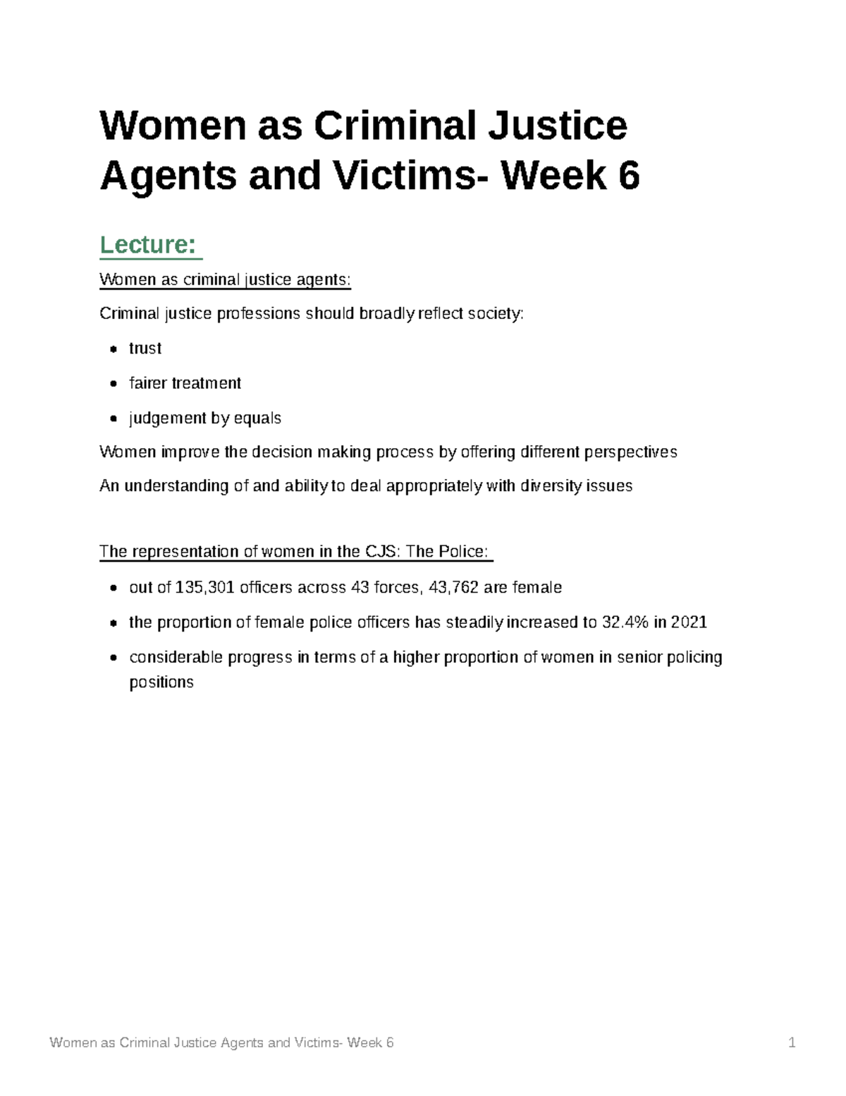 Women as Criminal Jusitce Agents and Victims- Week 6 - Women as ...