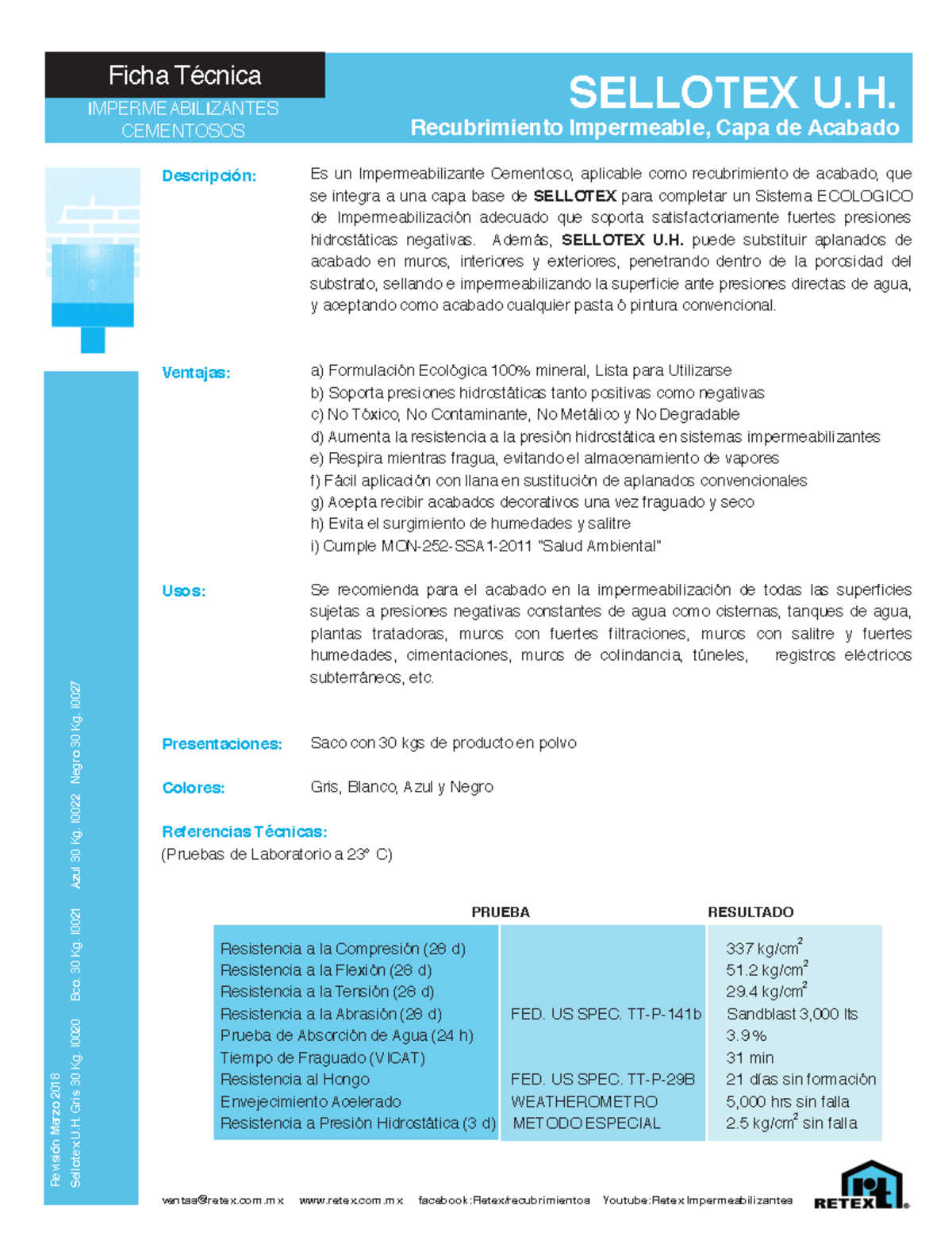 Ficha Tecnica Sellotex-UH - ventas@retex.com retex.com facebook:Retex ...