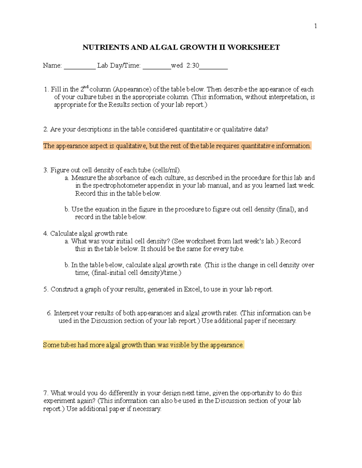 Algae II WS-1 - bio - 1 NUTRIENTS AND ALGAL GROWTH II WORKSHEET Name ...