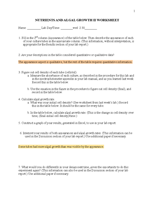 Algae I WS - bio - 1 NUTRIENTS AND ALGAL GROWTH I WORKSHEET Name