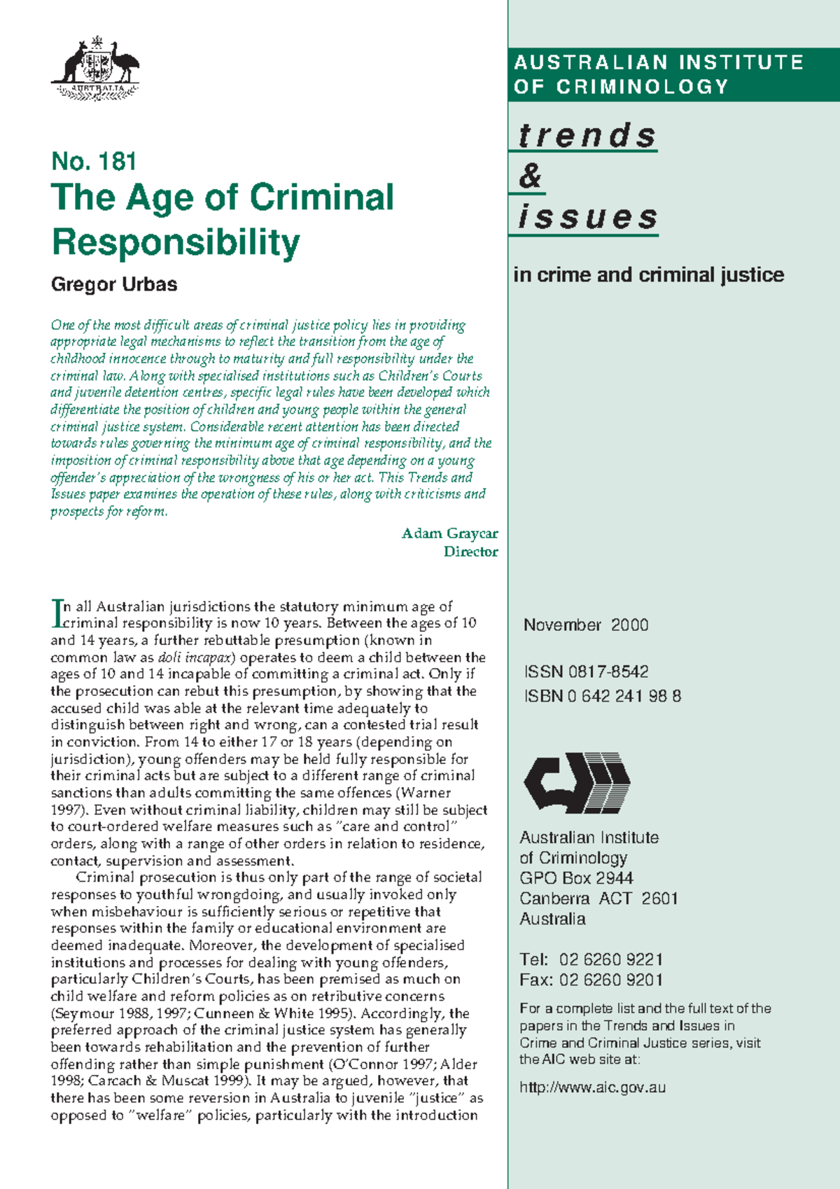 Tandi 181 - Reading material - No. 181 The Age of Criminal ...