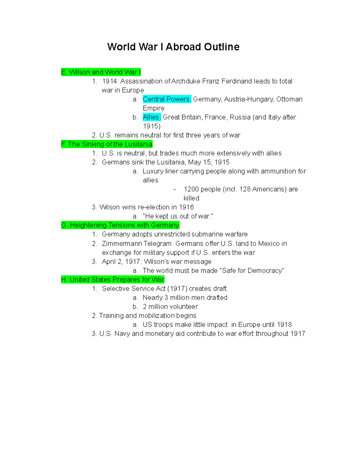 United States History since 1877-World War I Abroad Outline Notes ...