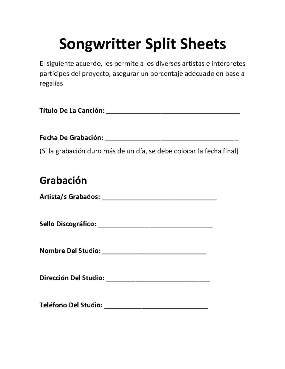 Songwritter Split Sheets (Documento) - Songwritter Split Sheets El ...