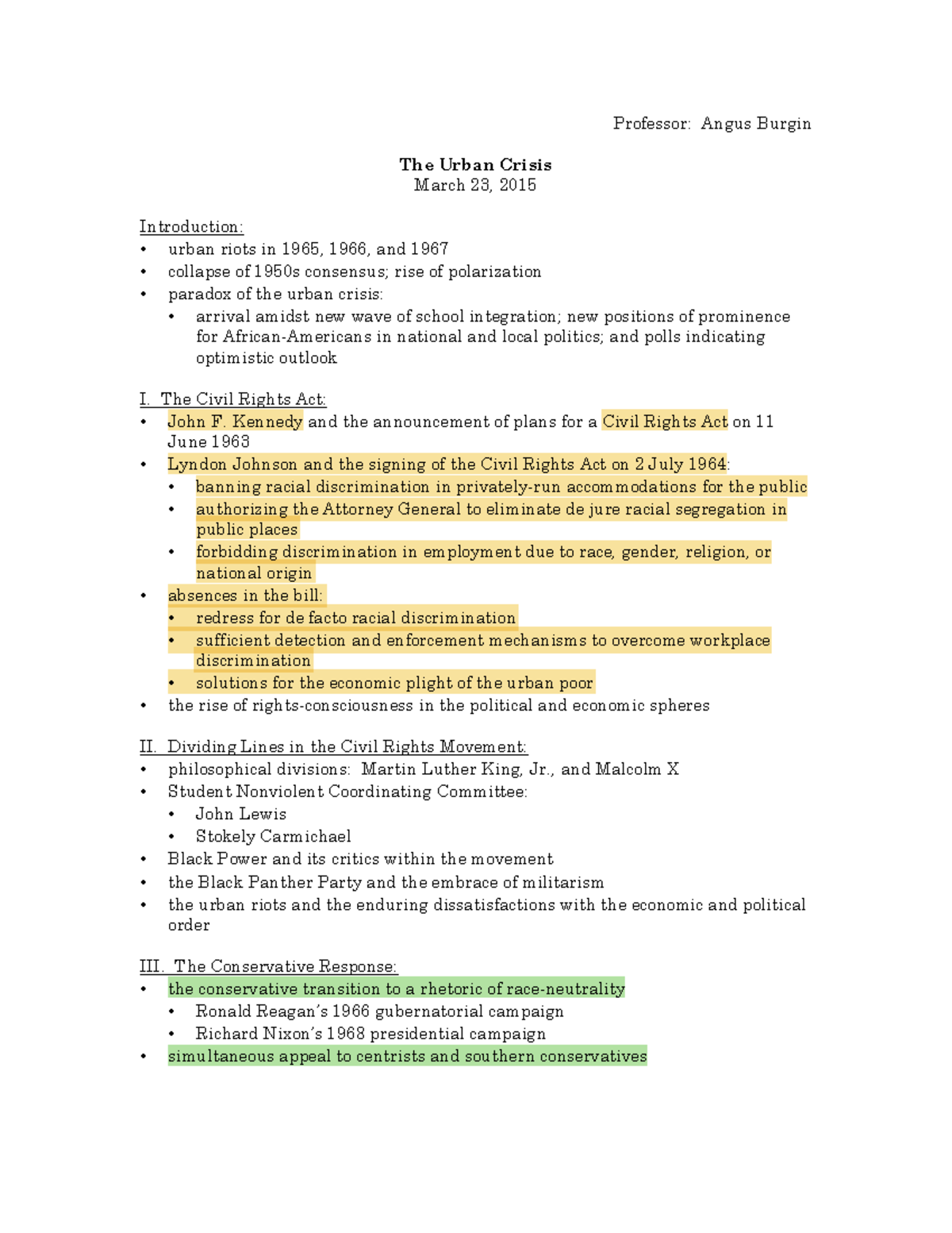 Lecture 14 - Professor: Angus Burgin The Urban Crisis March 23, 2015 ...