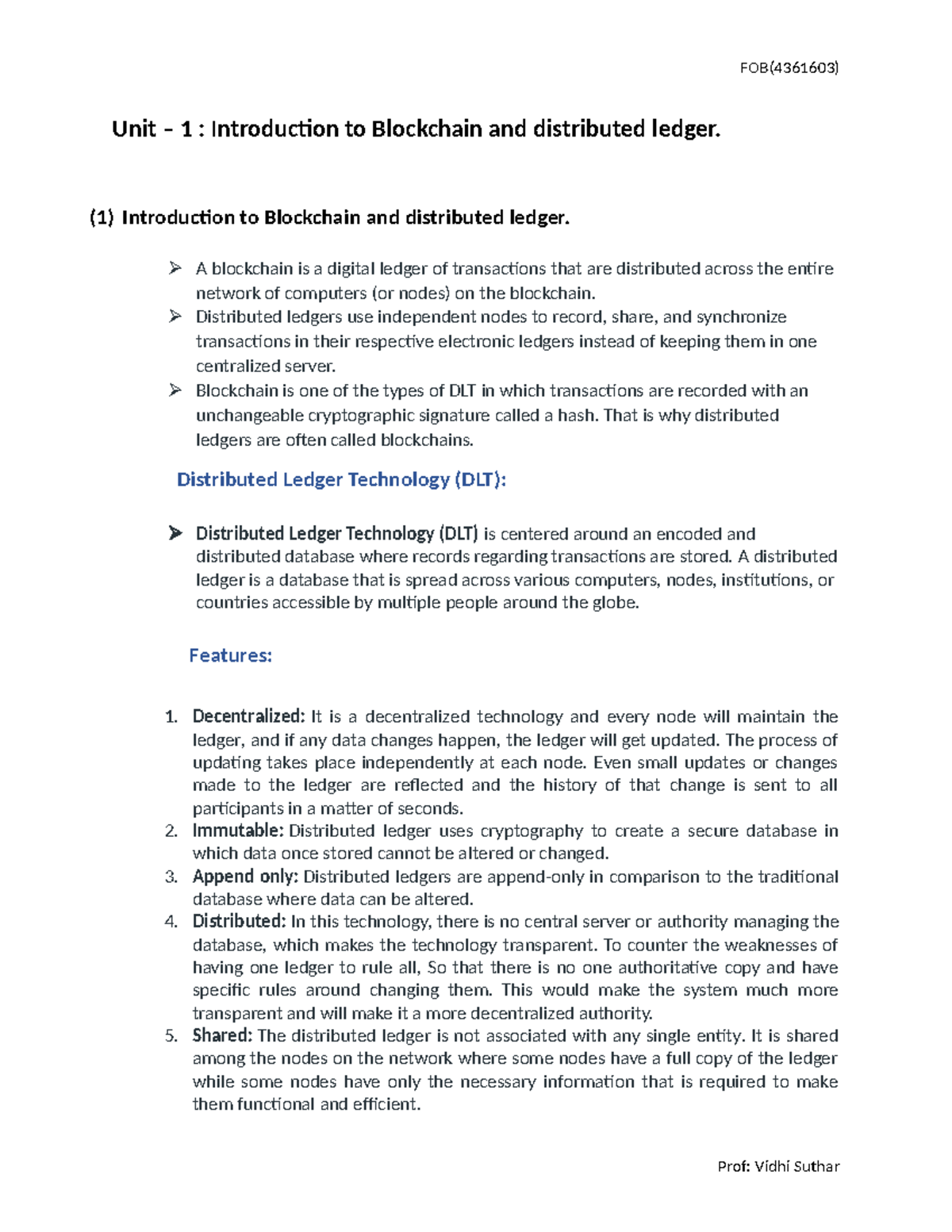 All unit material - Unit – 1 : Introduction to Blockchain and distributed ledger. (1 ...