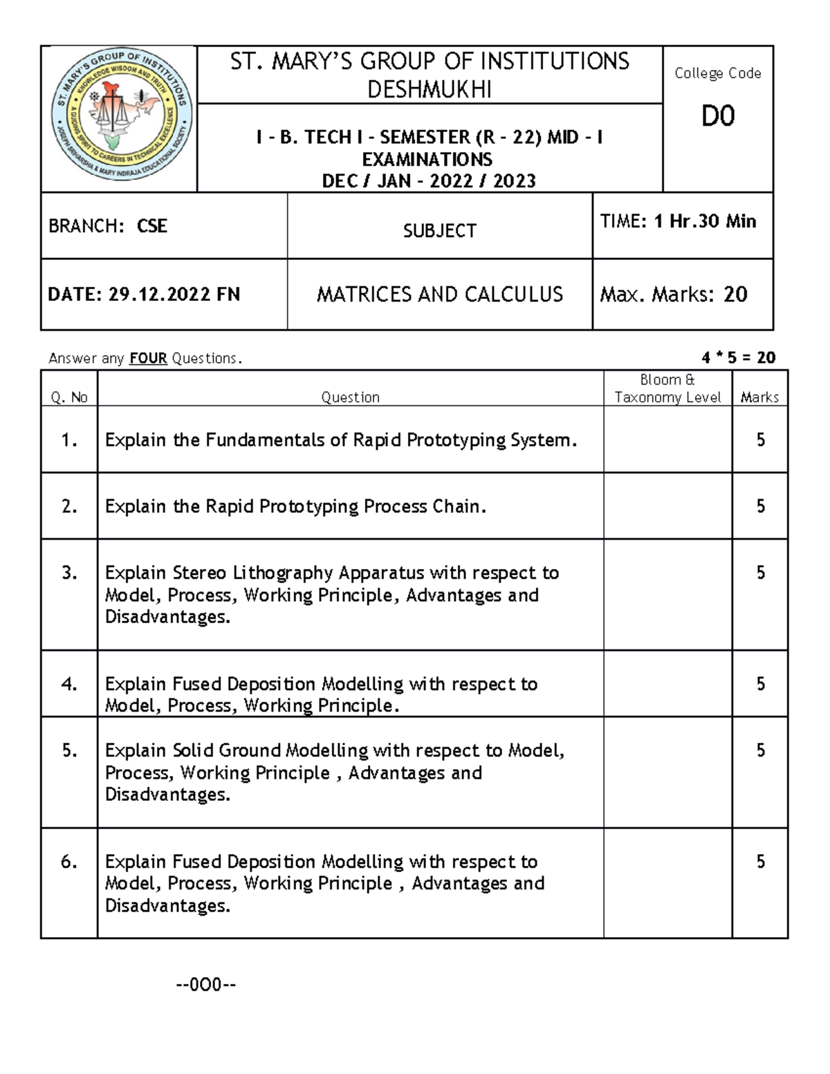 8729 - ST. MARY’S GROUP OF INSTITUTIONS DESHMUKHI College Code D I – B ...