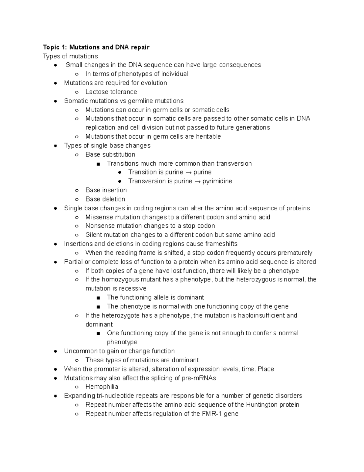 Genetics Module 4 Notes - Topic 1: Mutations and DNA repair Types of ...