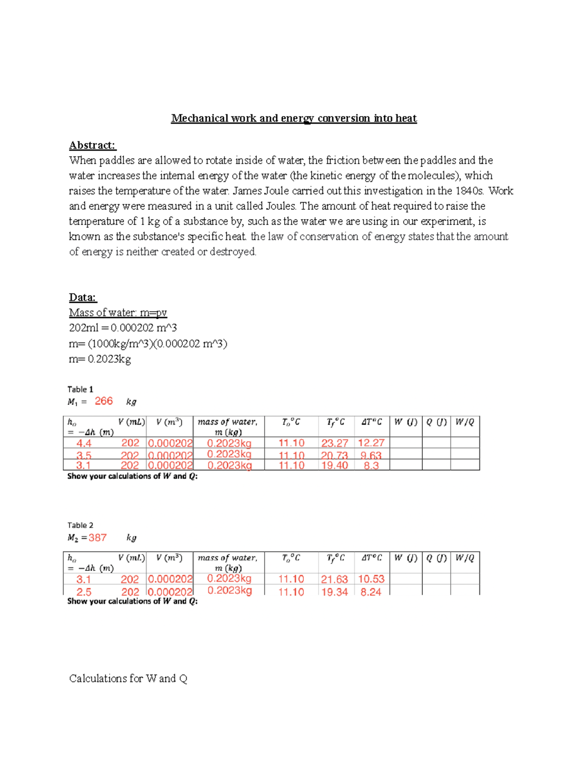 Physics Post Lab 8 - Mechanical work and energy conversion into heat ...