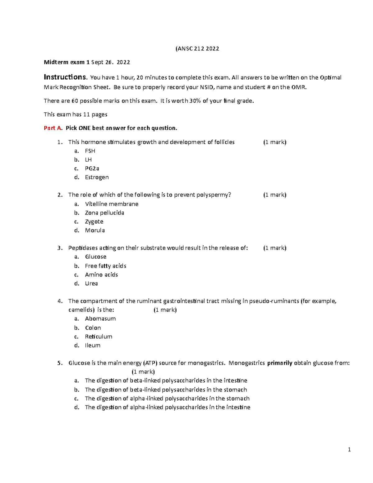 ANSC 212 2022 midterm 1 Sept 29 - (ANSC 212 2022 Midterm exam 1 Sept 26 ...