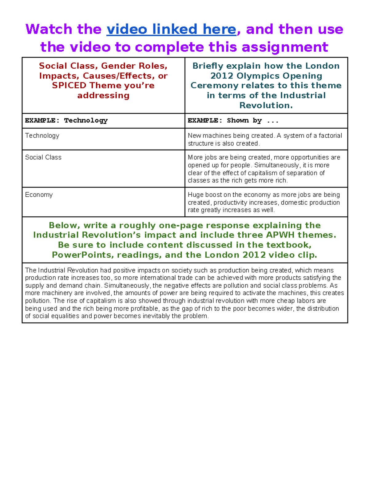 London Olympics 2012 Reflection 1 - Watch the video linked here, and then use the video to ...