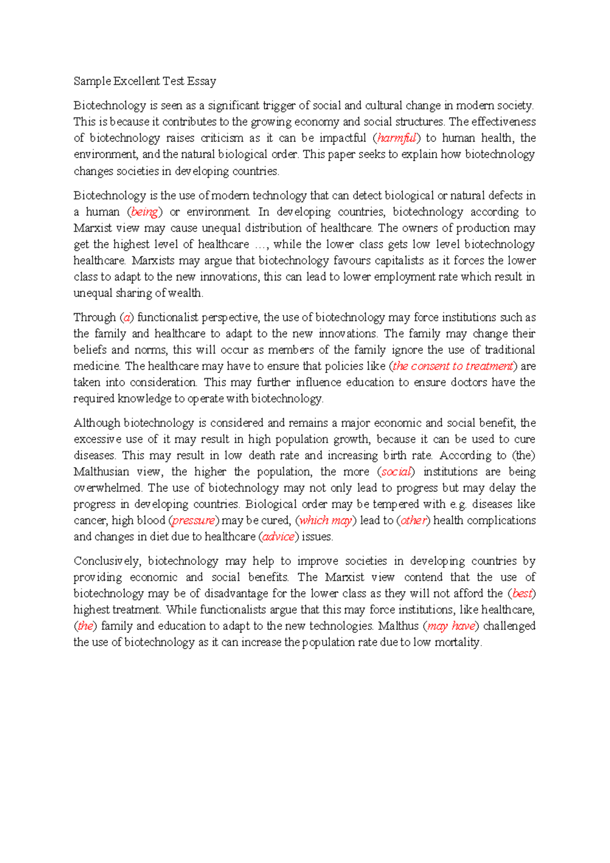 Sample Excellent Test Essay - Sample Excellent Test Essay Biotechnology ...