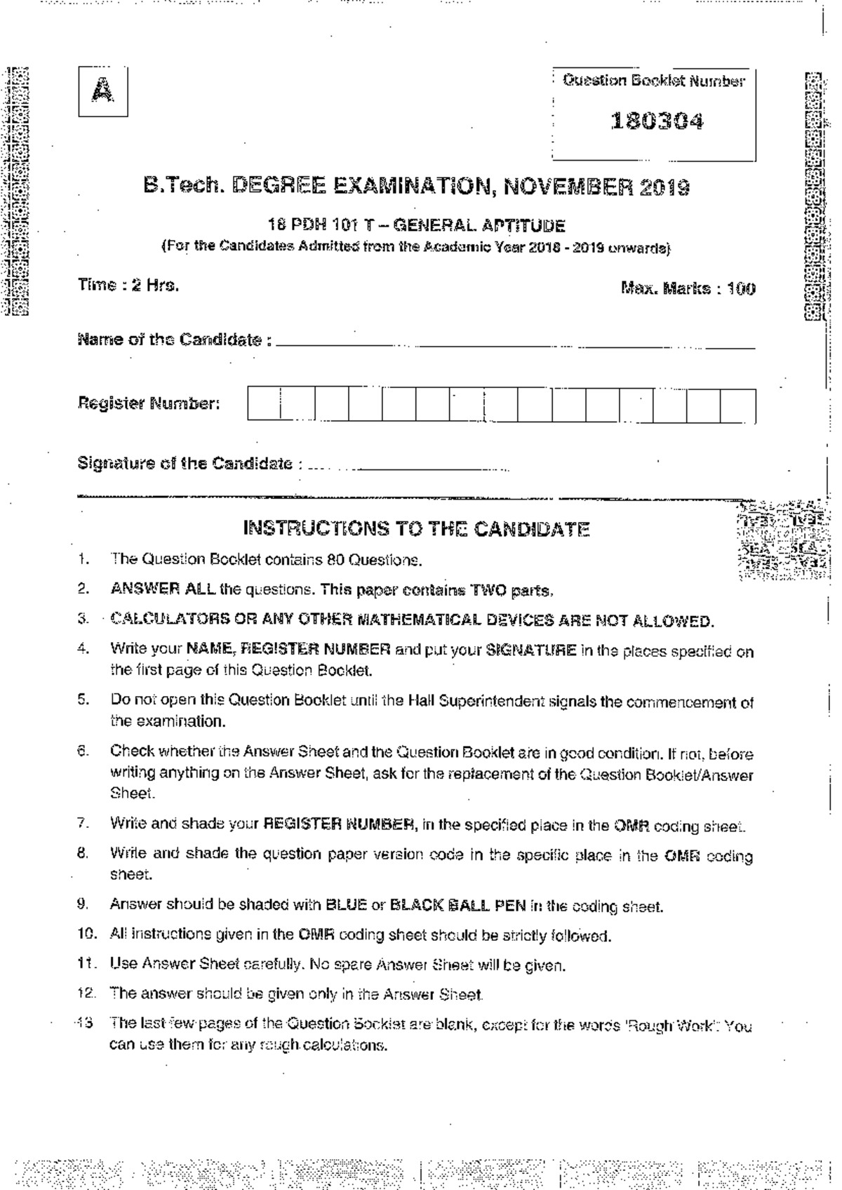 General aptitude papers - A Question Booklet Number 180304 B. DEGREE ...