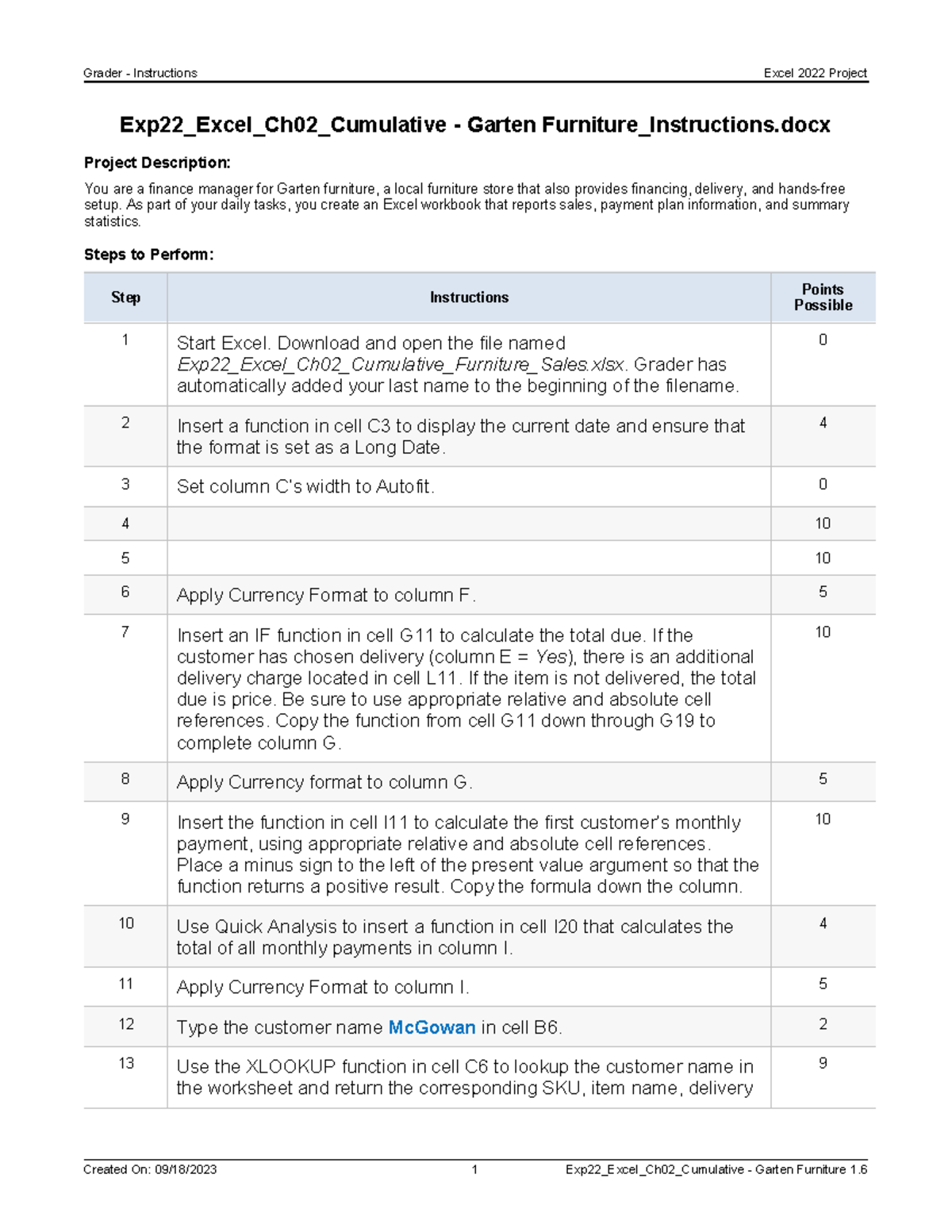 Exp22 Excel Ch02 Cumulative - Garten Furniture Instructions - Grader - Instructions Excel 2022 ...