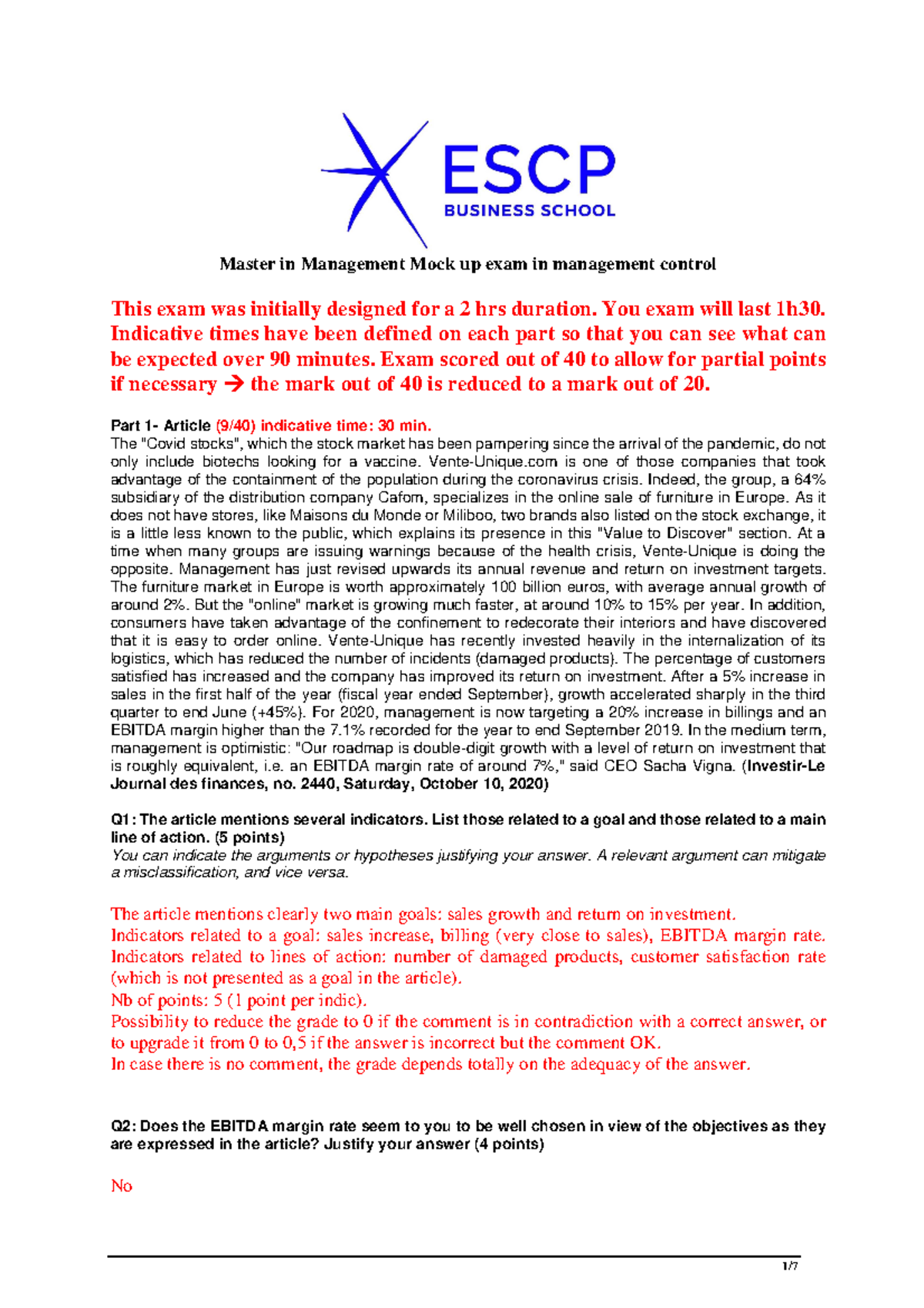Mock up exam Mgt Control solutions - Master in Management Mock up exam ...