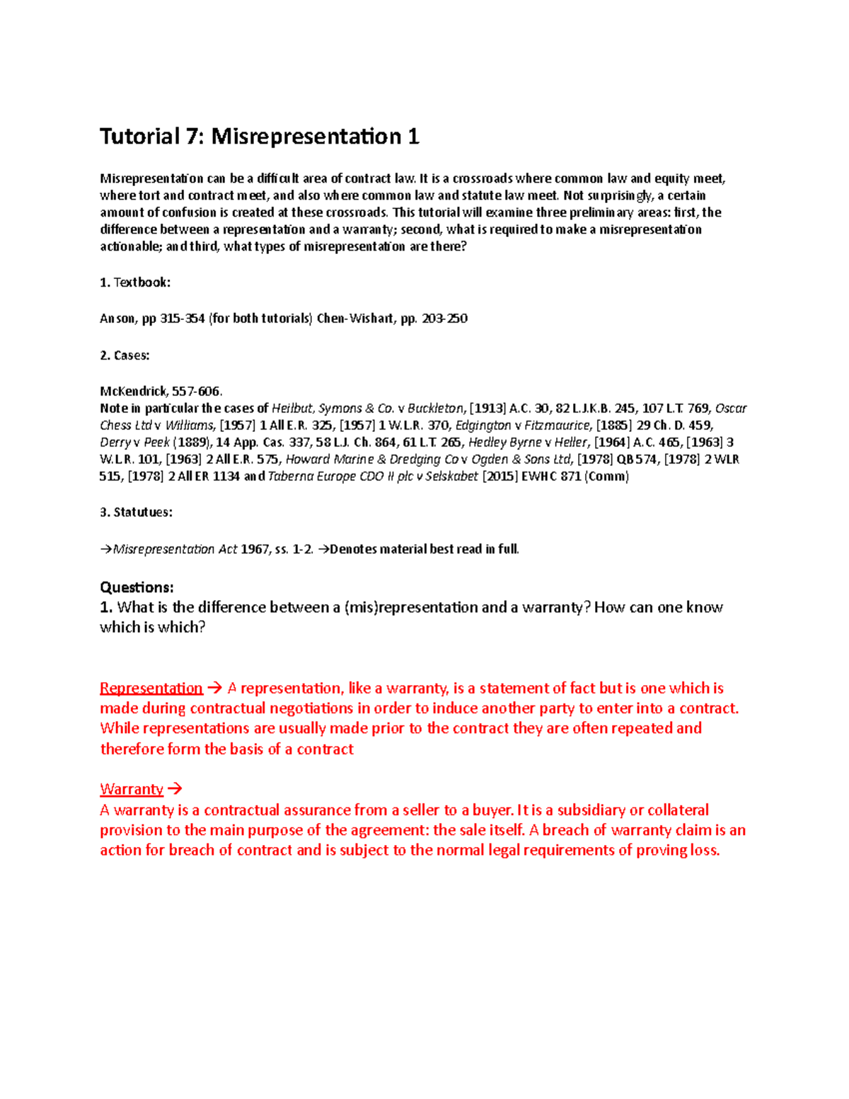 Tutorial 7- Misrepresentation 1 - It is a crossroads where common law and equity meet, where ...