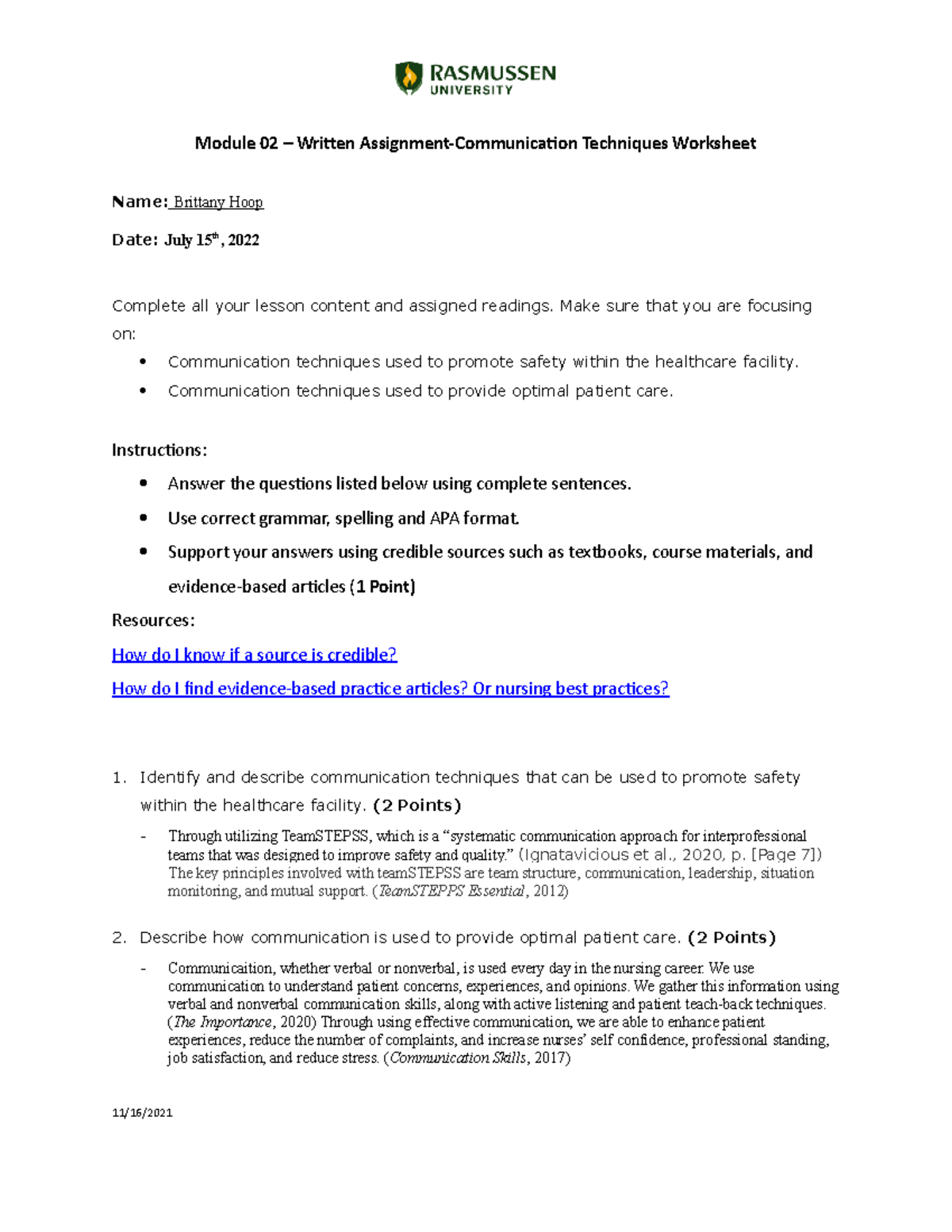 PN1 Module 2 Worksheet - 100% - Module 02 – Written Assignment-Communication Techniques ...