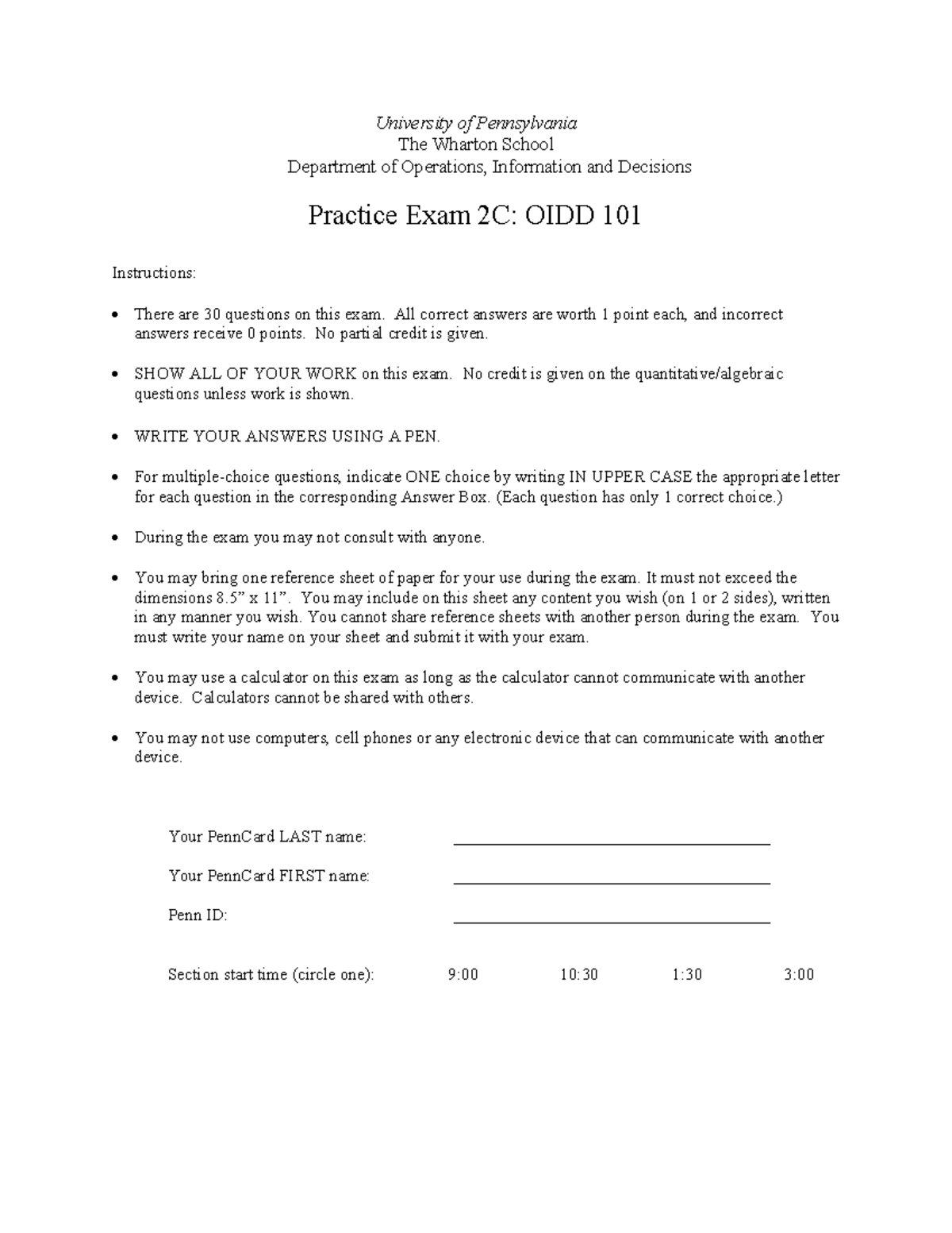 OIDD 101 Practice Exam 2C - University of Pennsylvania The Wharton ...
