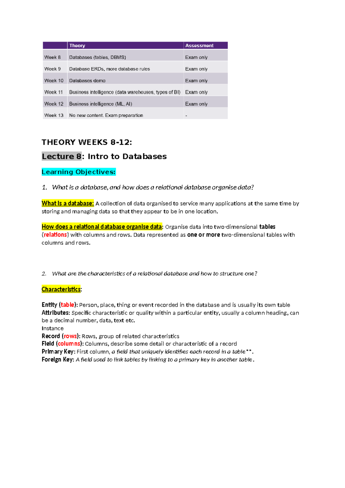 Final Exam Study Notes - THEORY WEEKS 8-12: Lecture 8: Intro to ...