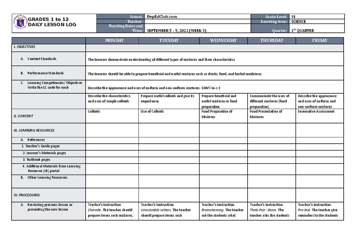 DLL Science 6 Q1 W3 - document - GRADES 1 to 12 DAILY LESSON LOG School: DepEdClub Grade Level ...