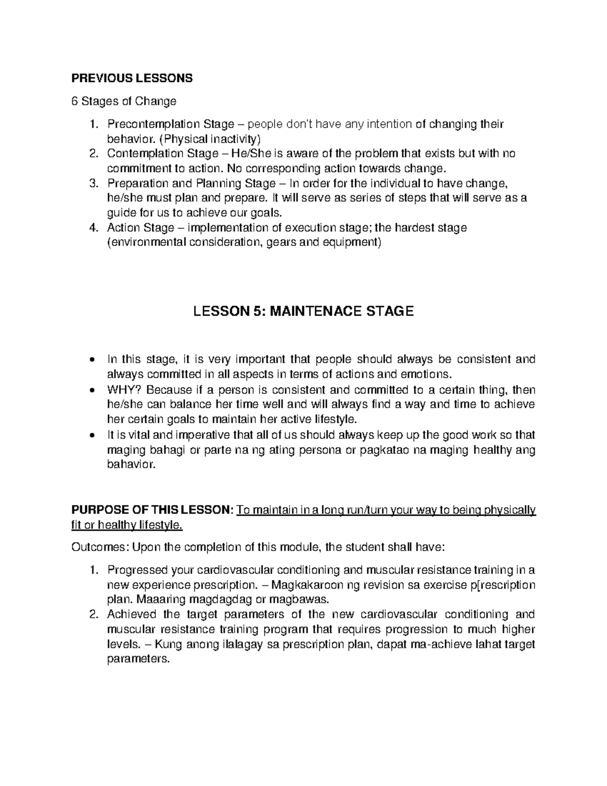 PED 025 - Lesson 5 Notes - PED 025 - PREVIOUS LESSONS 6 Stages of ...