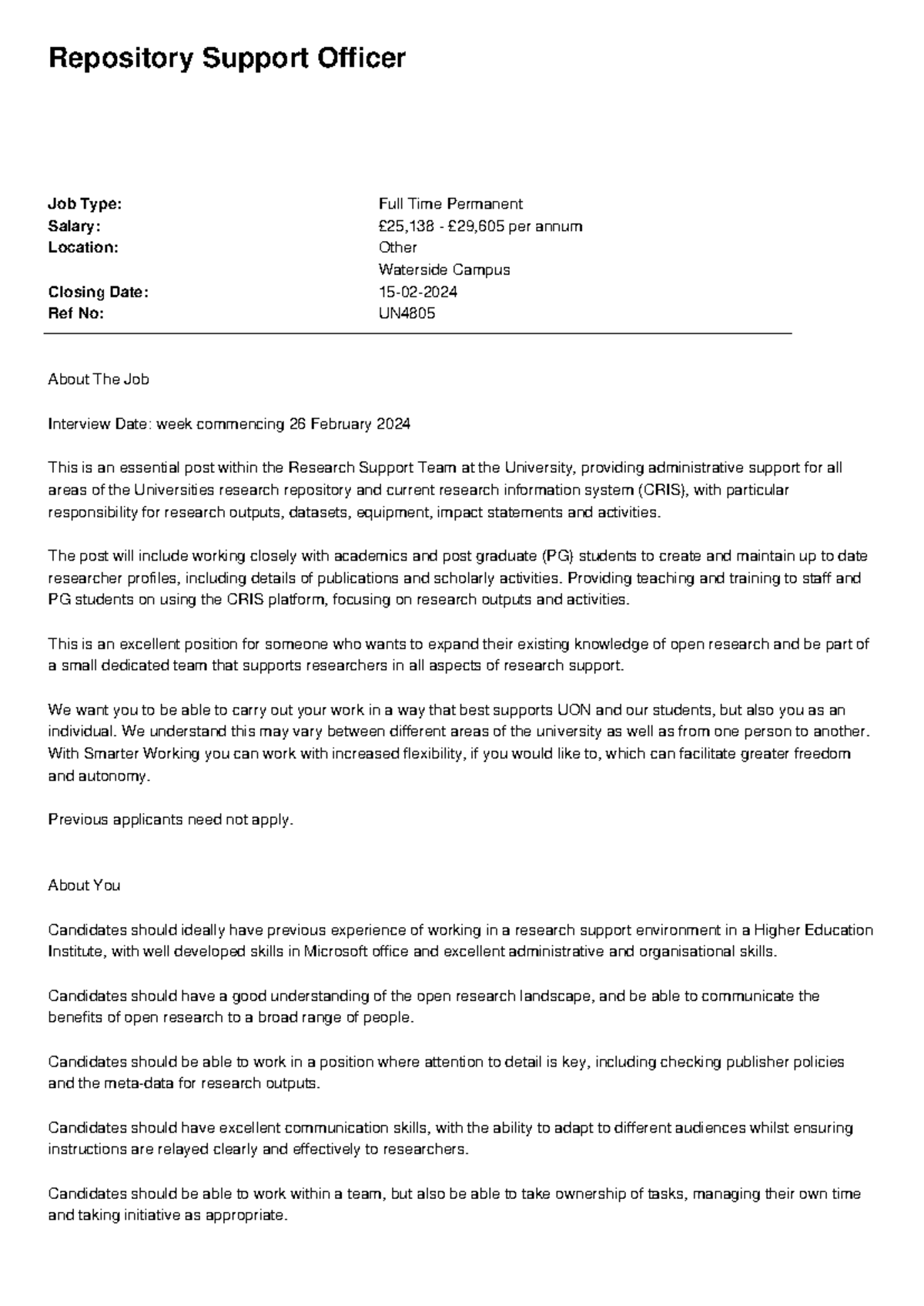 Job Description - Repository Support Officer Job Type: Full Time ...