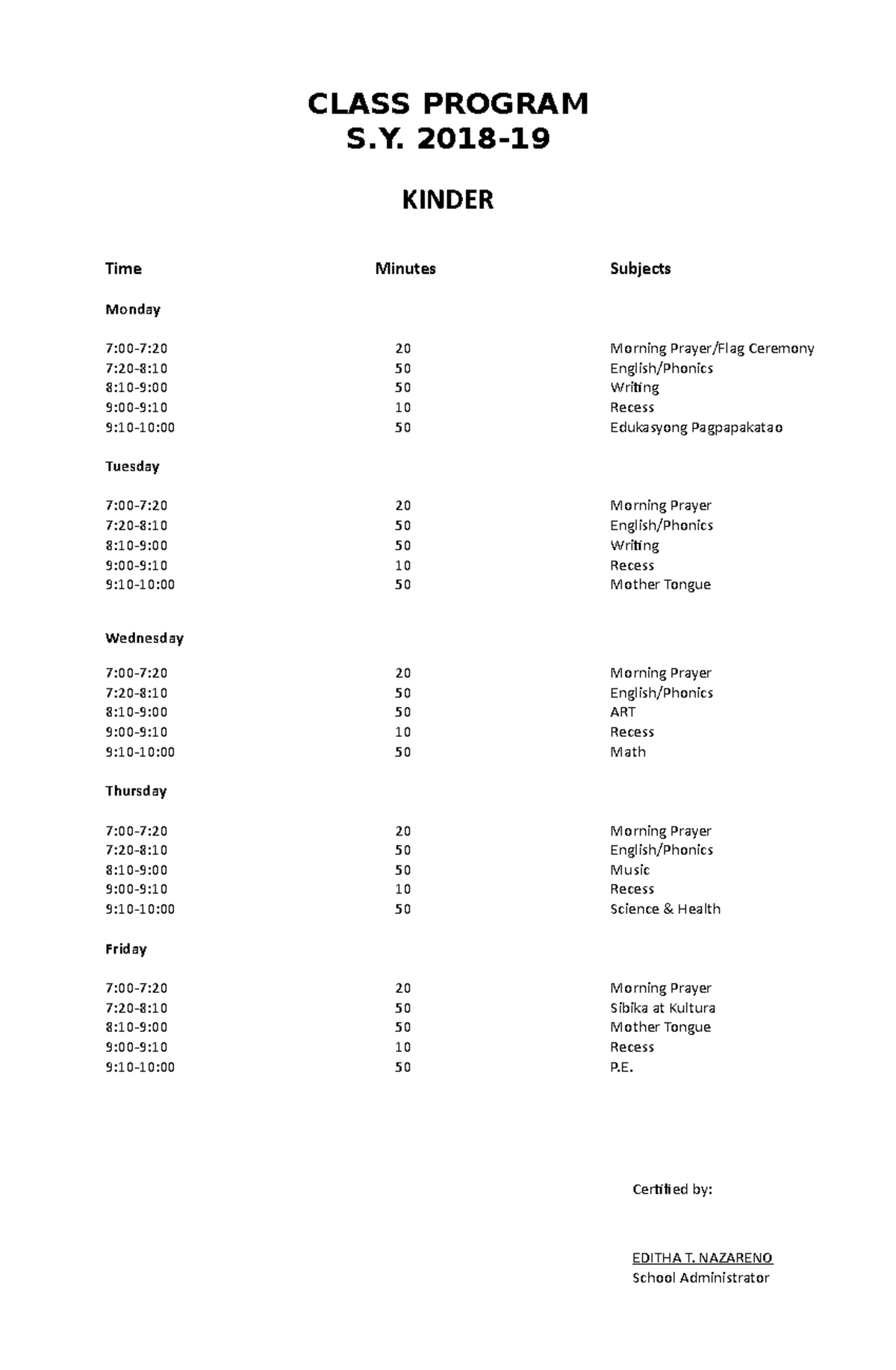 Teachers program - CLASS PROGRAM S. 2018- KINDER Time Minutes Subjects ...