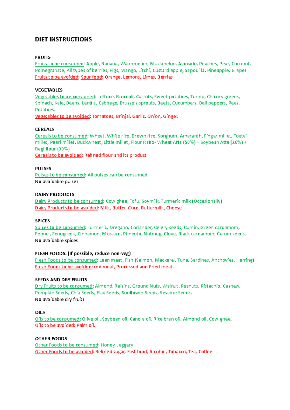 DIET Instructions - Extra - DIET INSTRUCTIONS FRUITS Fruits to be ...
