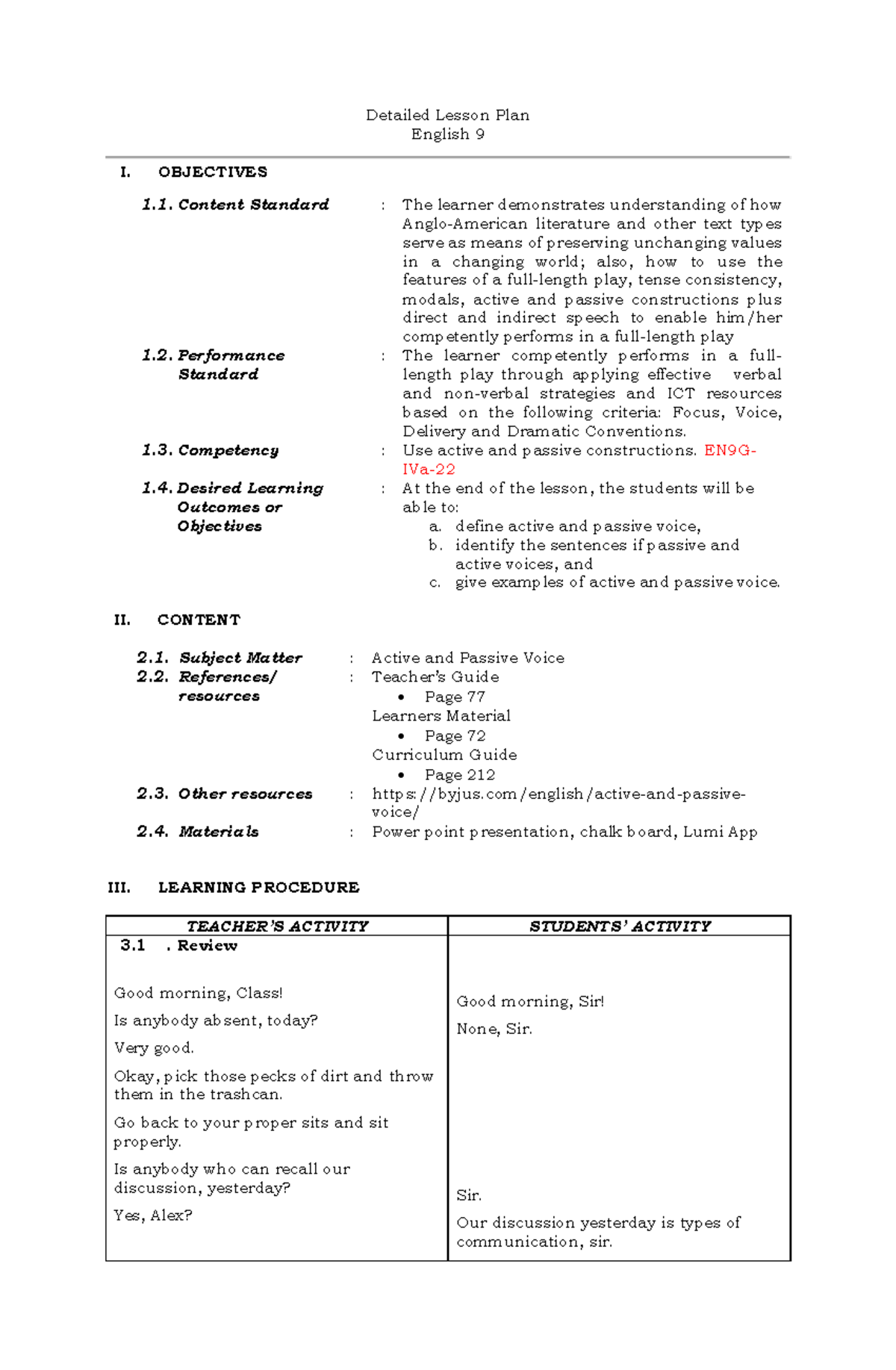 Detailed-Lesson-Plan - Detailed Lesson Plan English 9 I. OBJECTIVES II ...