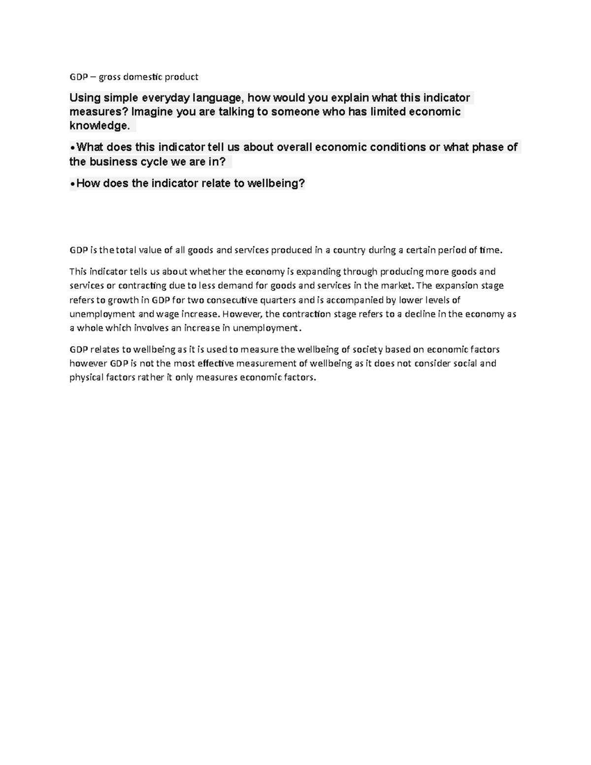 GDP assignment - GDP – gross domestic product Using simple everyday ...