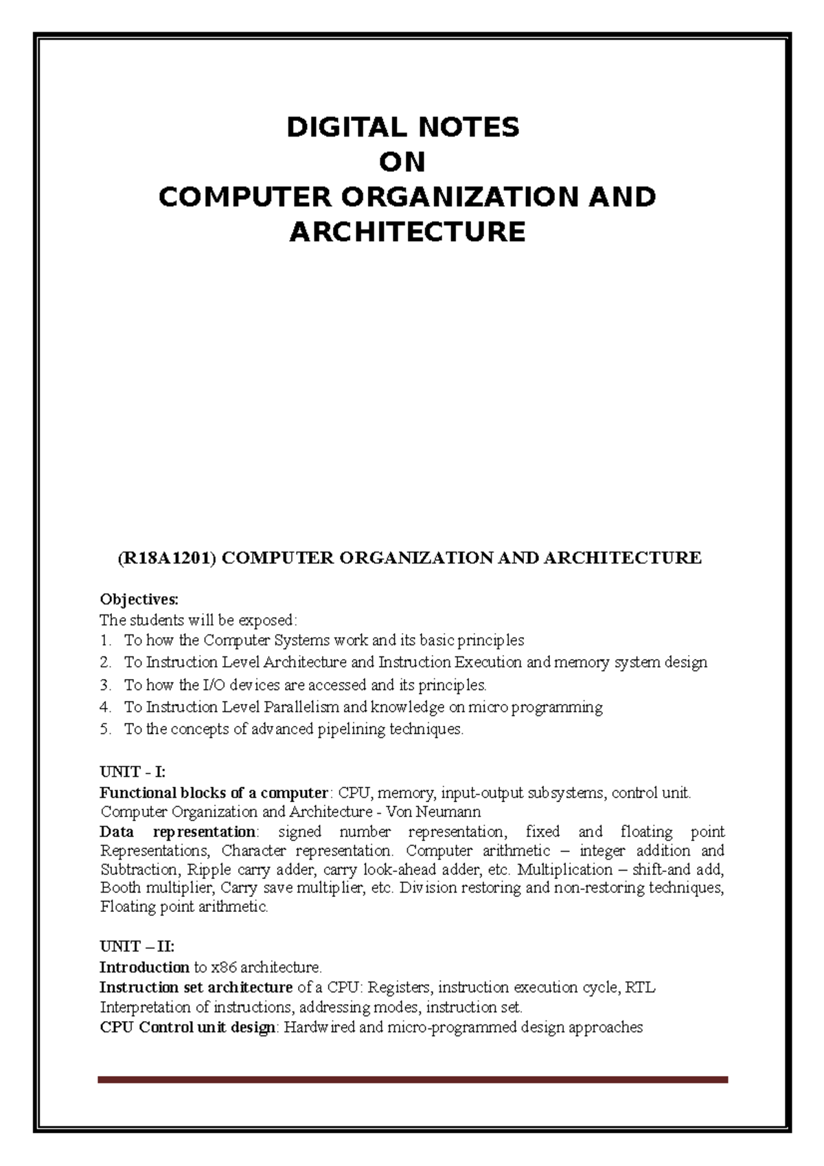 R18A1201 COA - BY AMRITA PATIL - DIGITAL NOTES ON COMPUTER ORGANIZATION ...