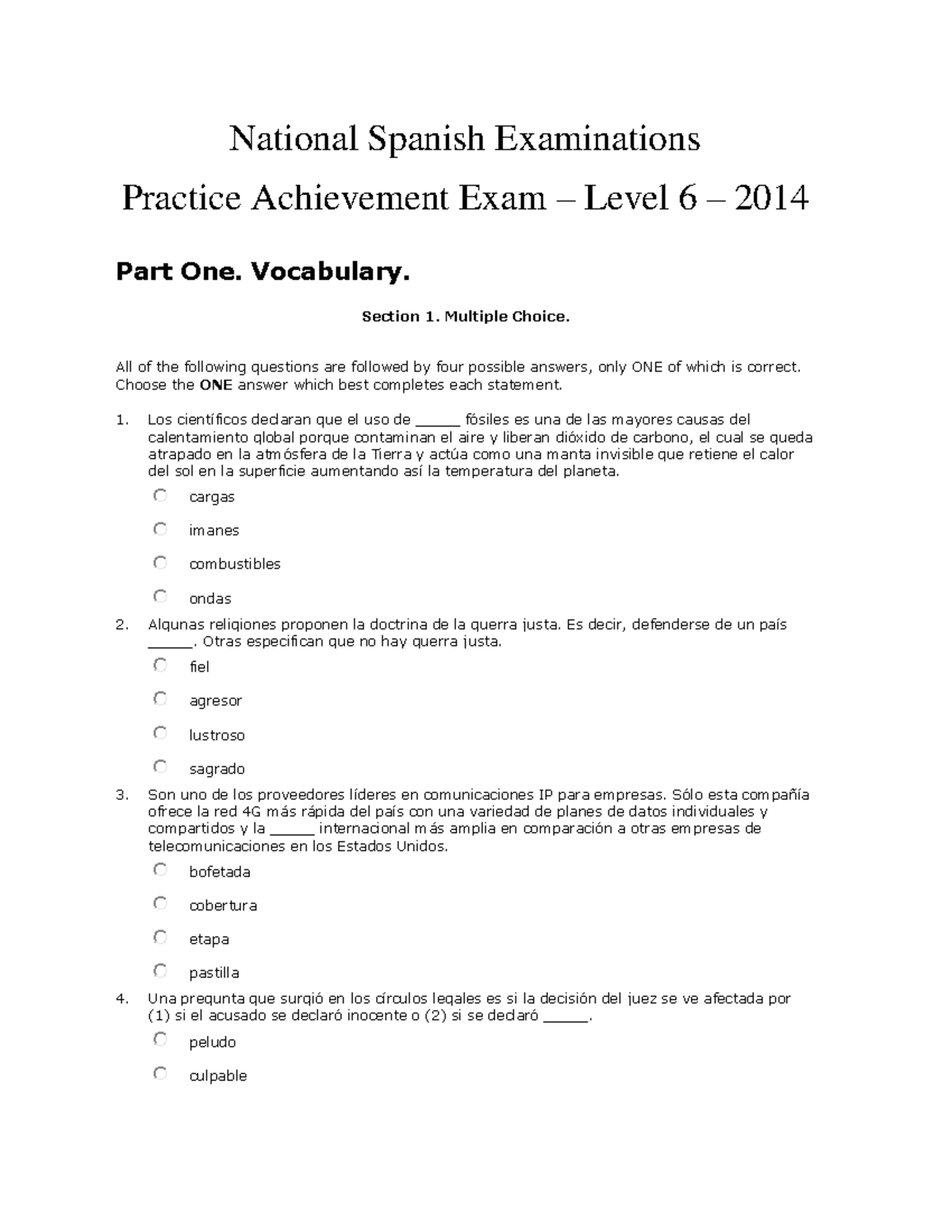 2014 National Spanish Examinations - Achievement - Level 6 - National ...