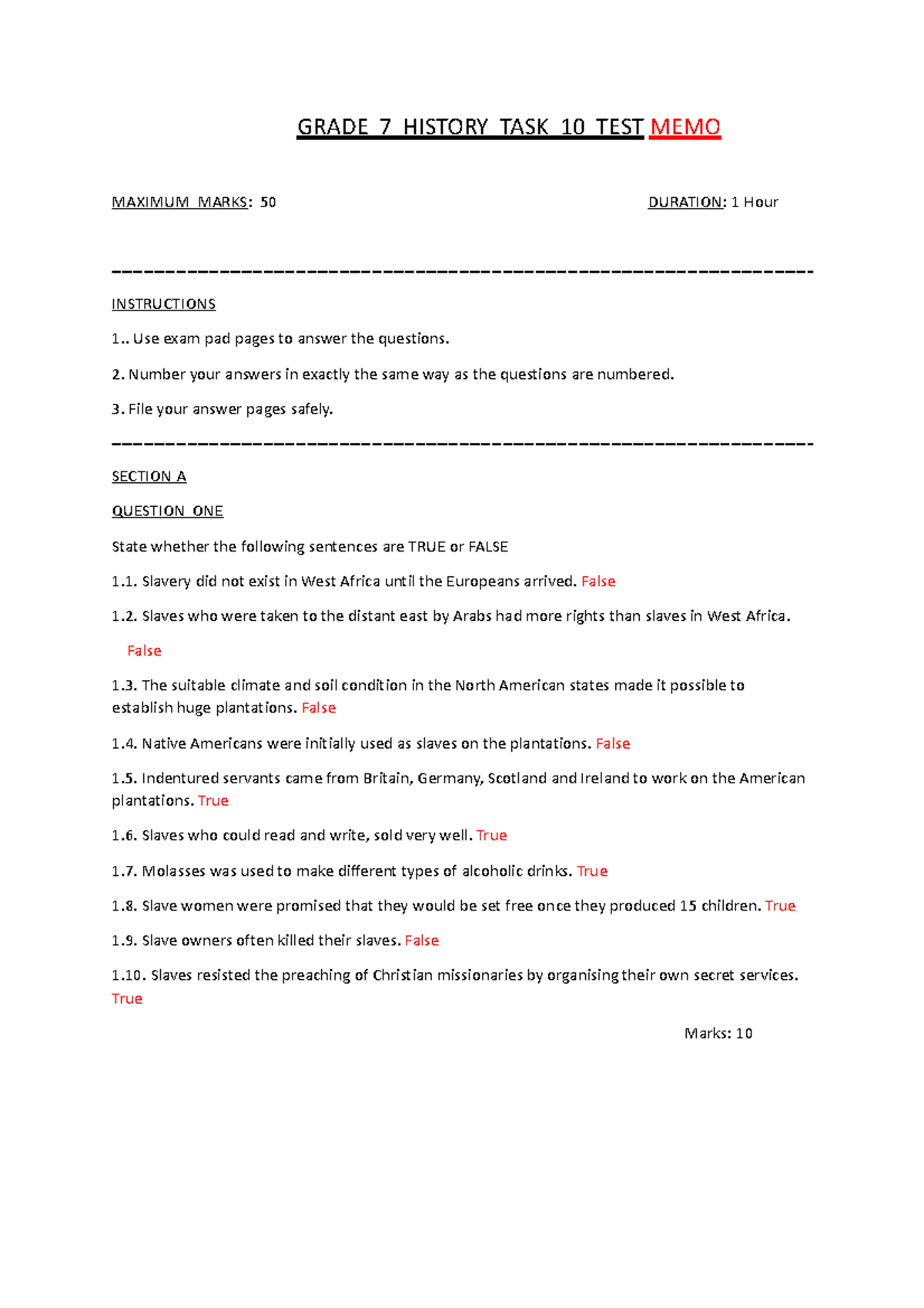 Grade - 7 - History - TASK - 10 - TEST-MEMO - GRADE 7 HISTORY TASK 10 ...