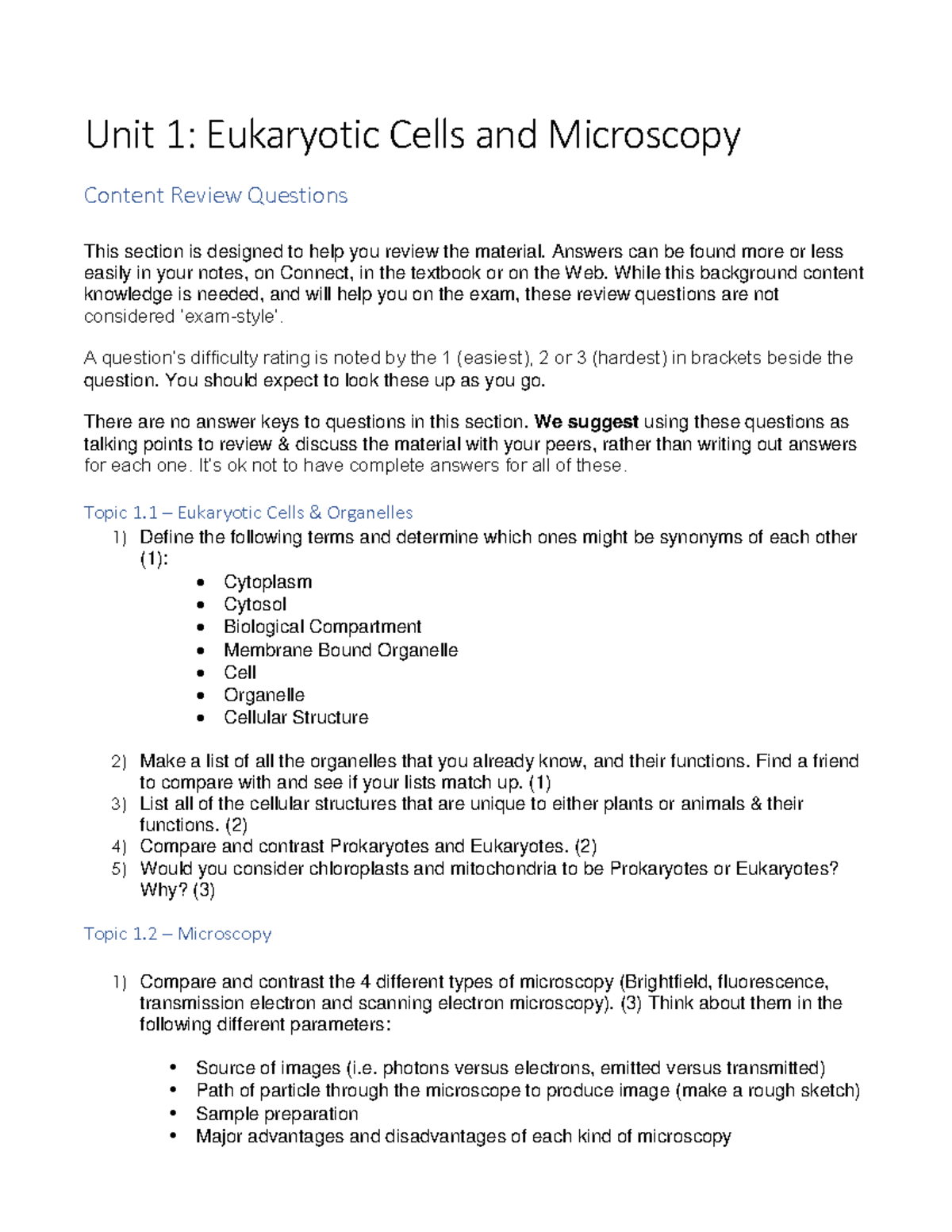 Unit 1 Problem Set - Practice Homework - Unit 1: Eukaryotic Cells and ...