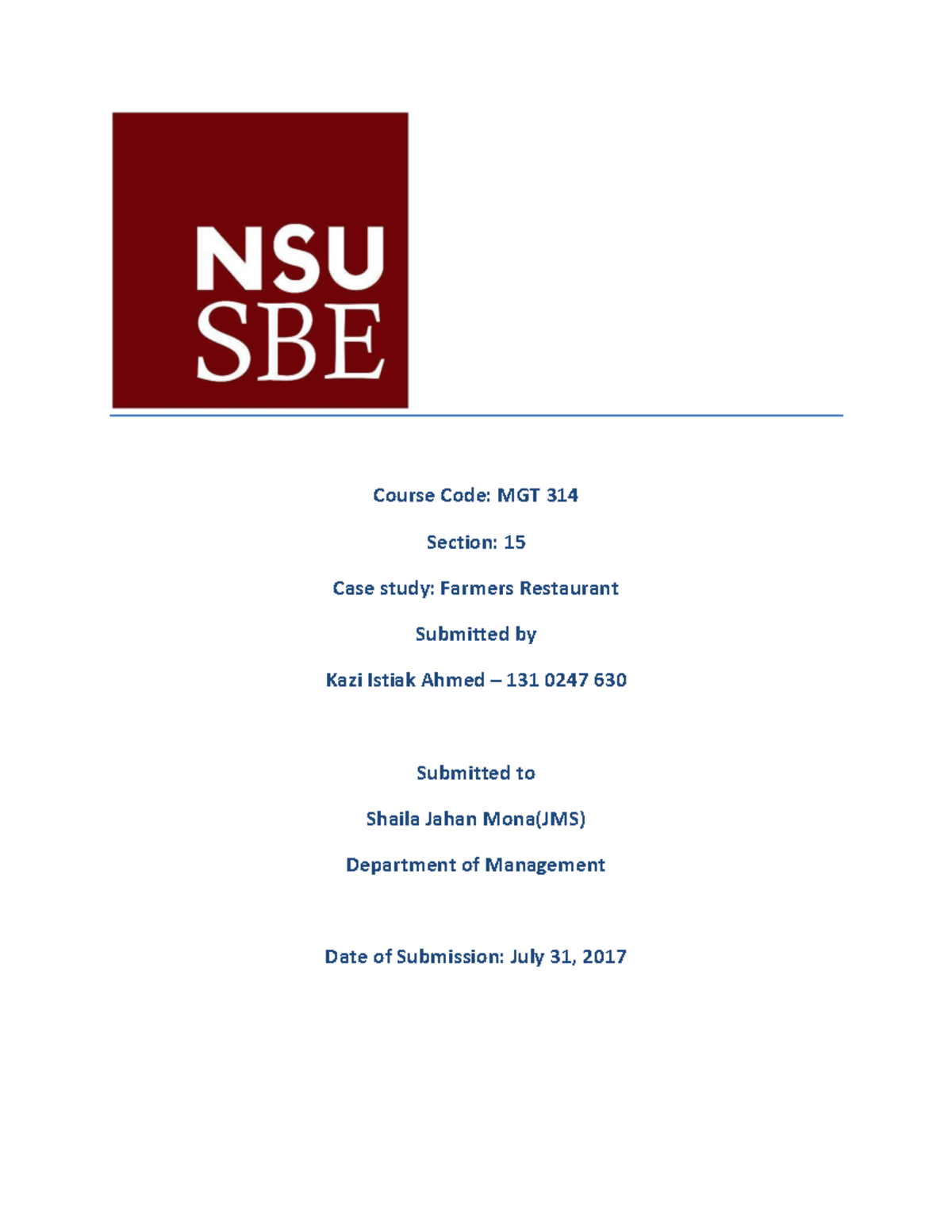 Case study- Mgt 314 - Management and marketing document - Course Code ...