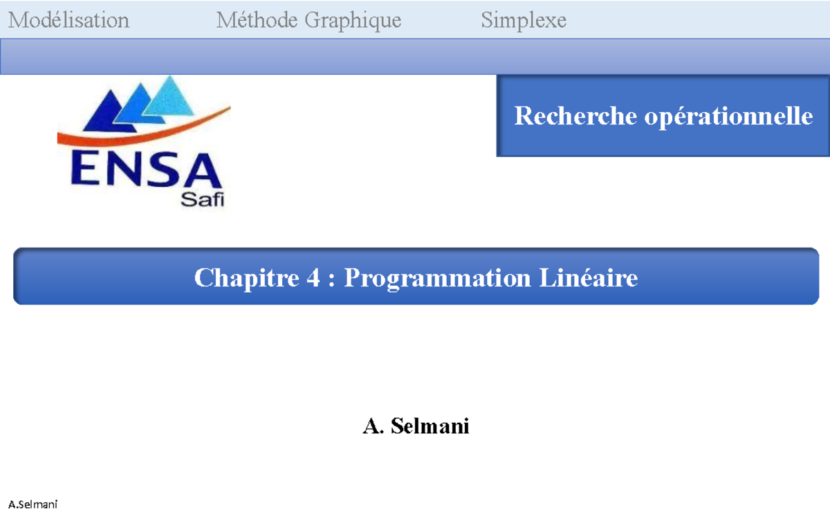 Chap 04 part 01 RO - Modélisation Méthode Graphique Simplexe Chapitre 4 : Programmation Linéaire ...