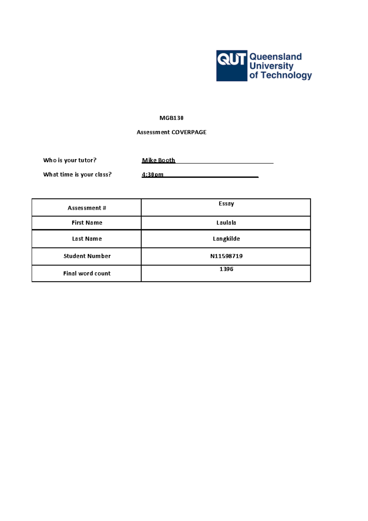 MGBAssessment 1 - MGB 130 Assessment COVERPAGE Who is your tutor? Mike ...