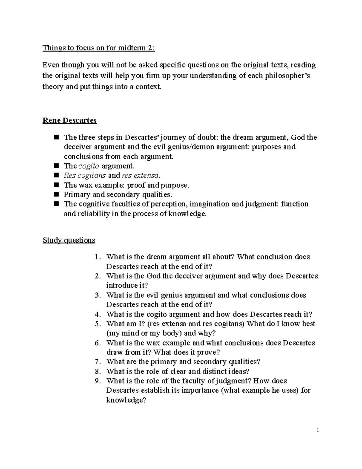 Topics to focus on for midterm 2, PHIL 1000 - Things to focus on for ...