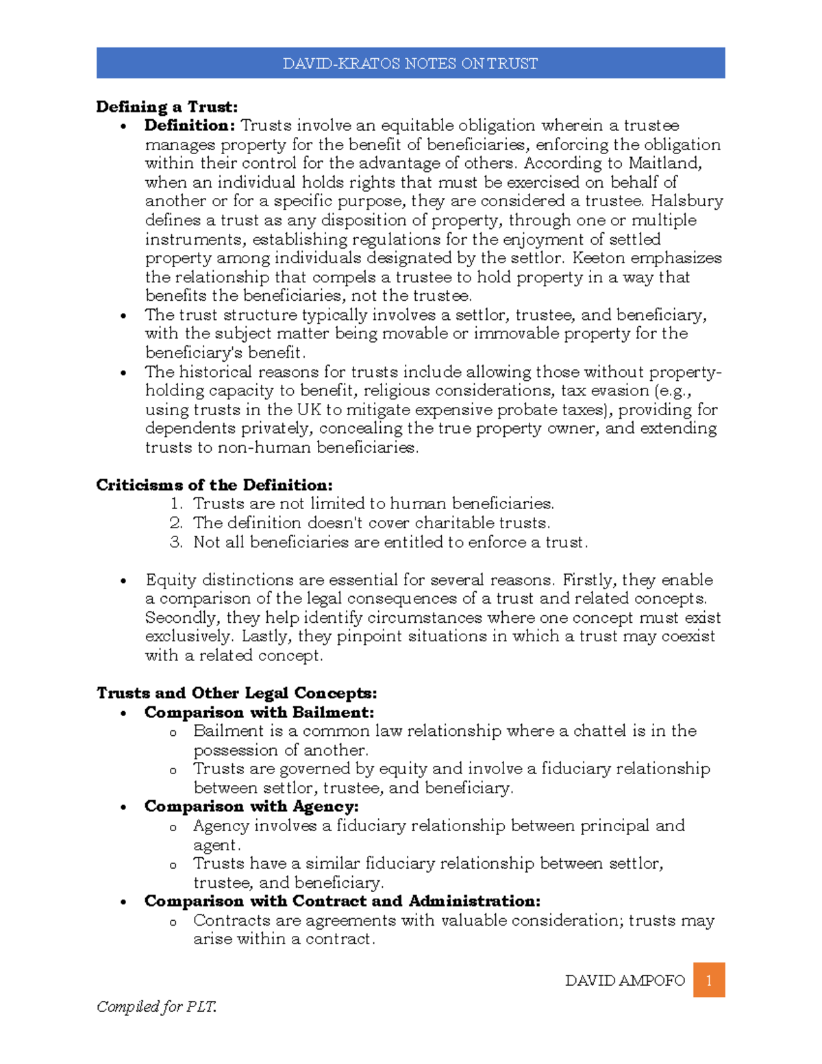 David- Kratos Notes ON Trust - DAVID AMPOFO 1 Defining a Trust ...