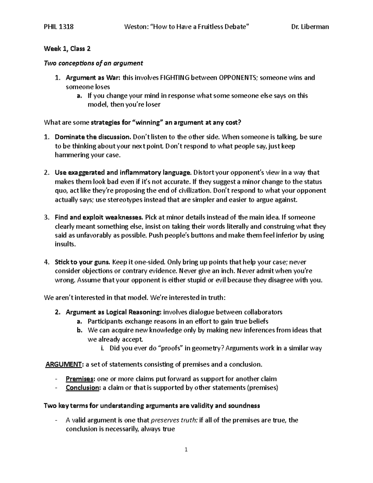 W1C2 Weston How to have a fruitless debate - Week 1, Class 2 Two ...