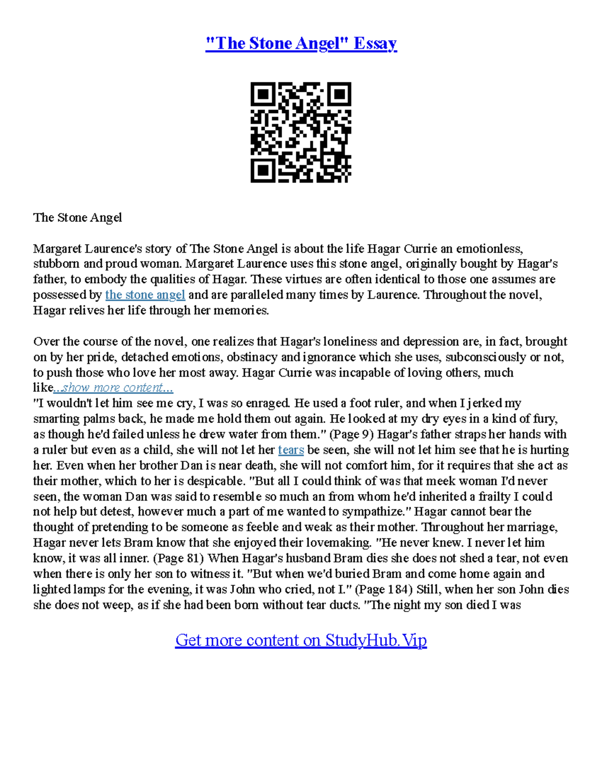 Stone Angel Essay - "The Stone Angel" Essay The Stone Angel Margaret ...