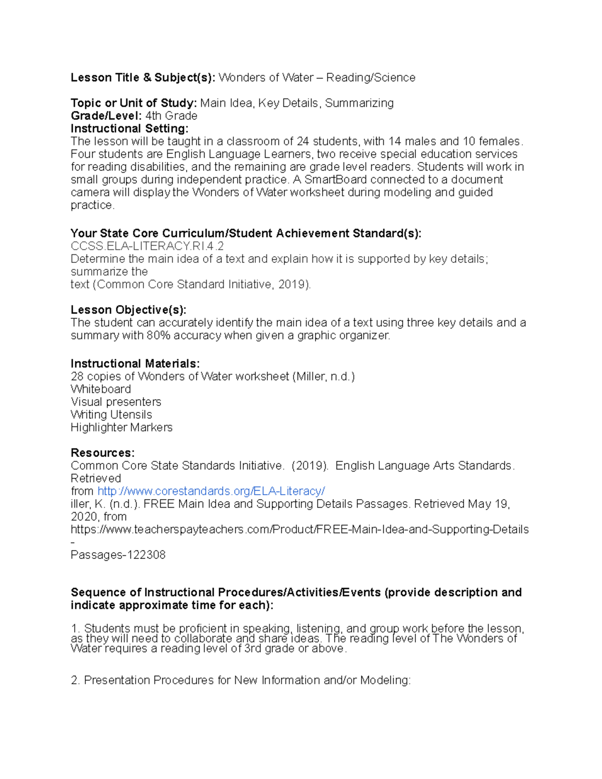 C909 Task 1 - PASSED - Lesson Title & Subject(s): Wonders of Water – Reading/Science Topic or ...