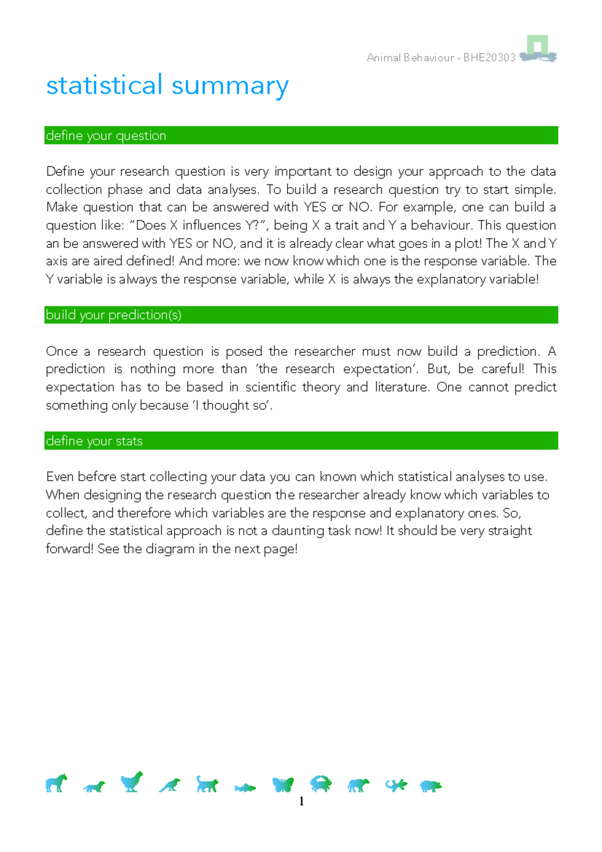Summary Statistics 1 - Samenvatting Behavioural Ecology - statistical ...