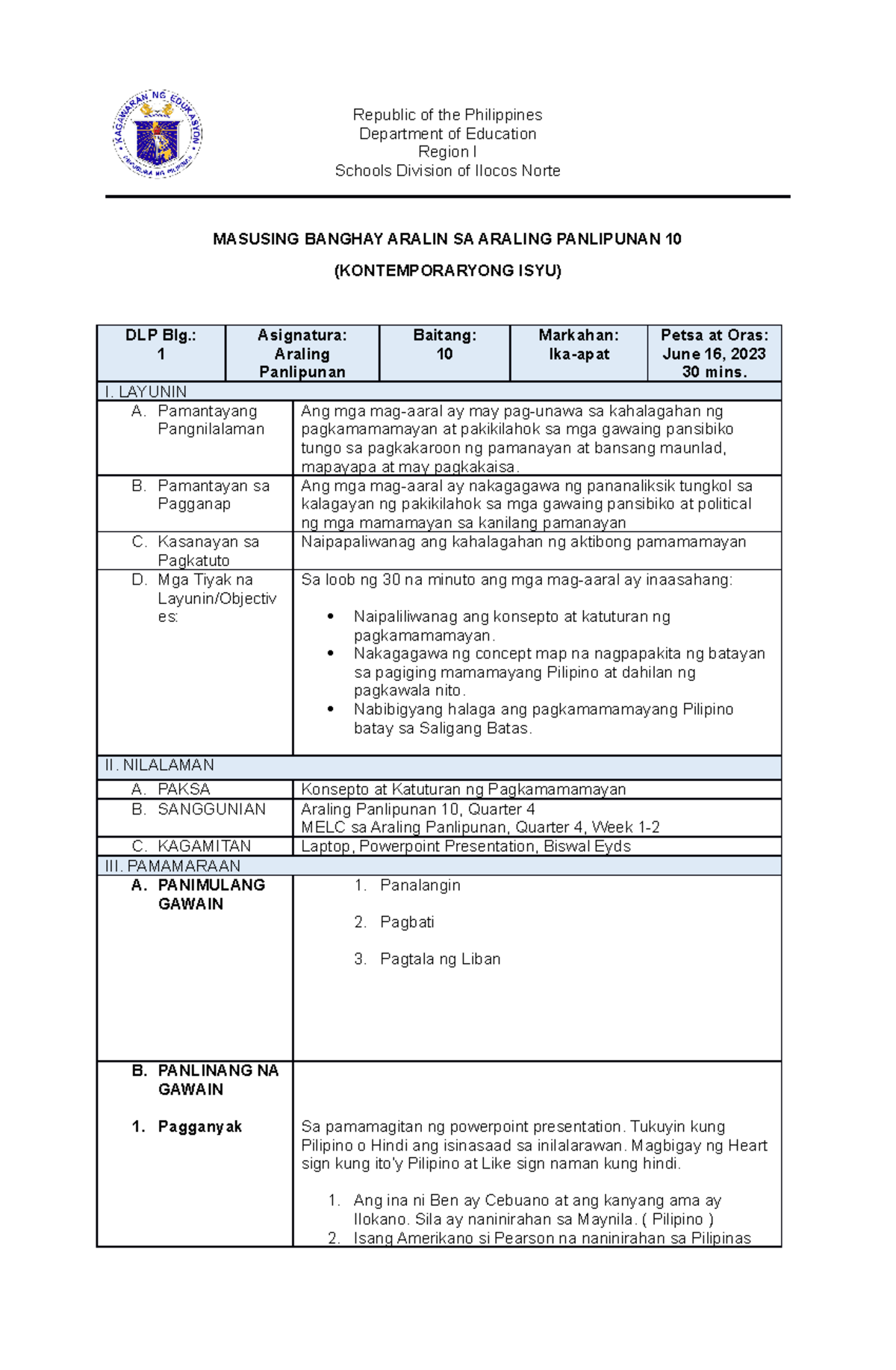 DLP-JHS - lesson plan in jhs - Republic of the Philippines Department ...