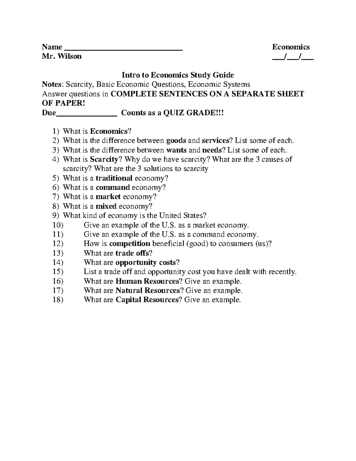 Intro to eco study guide - Name _____________________________ Economics ...