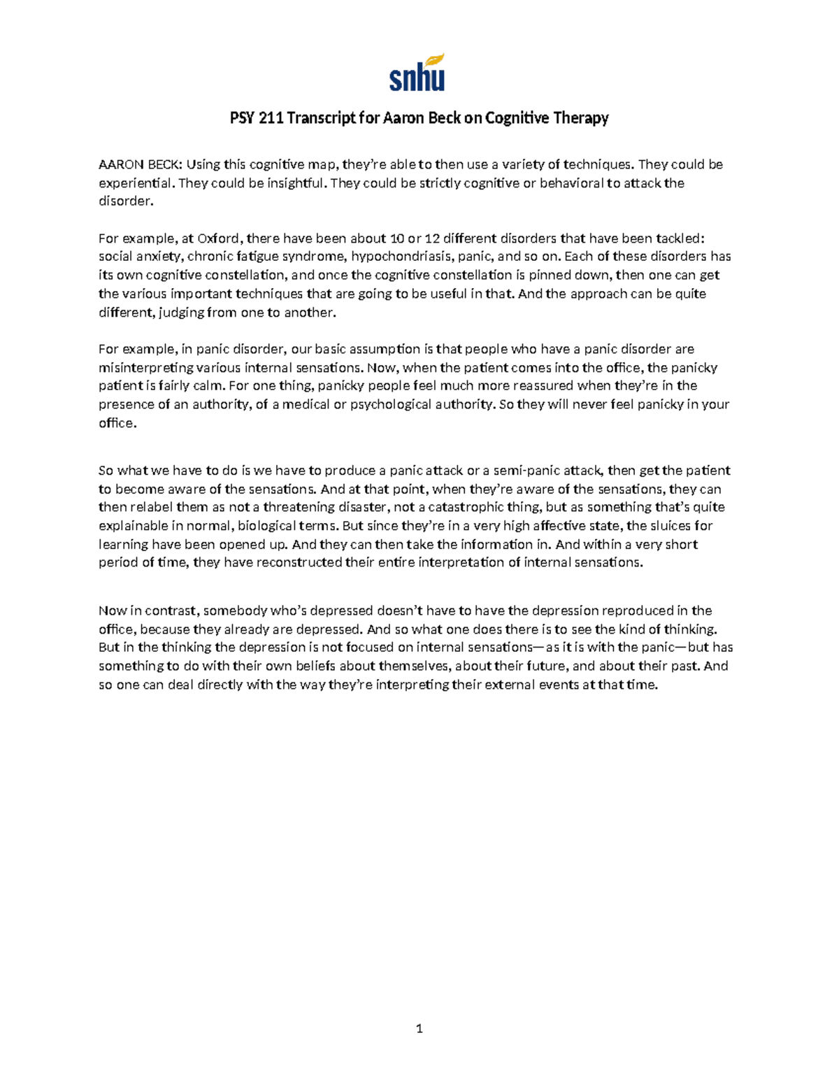 PSY 211 Transcript for Aaron Beck on Cognitive Therapy - They could be ...