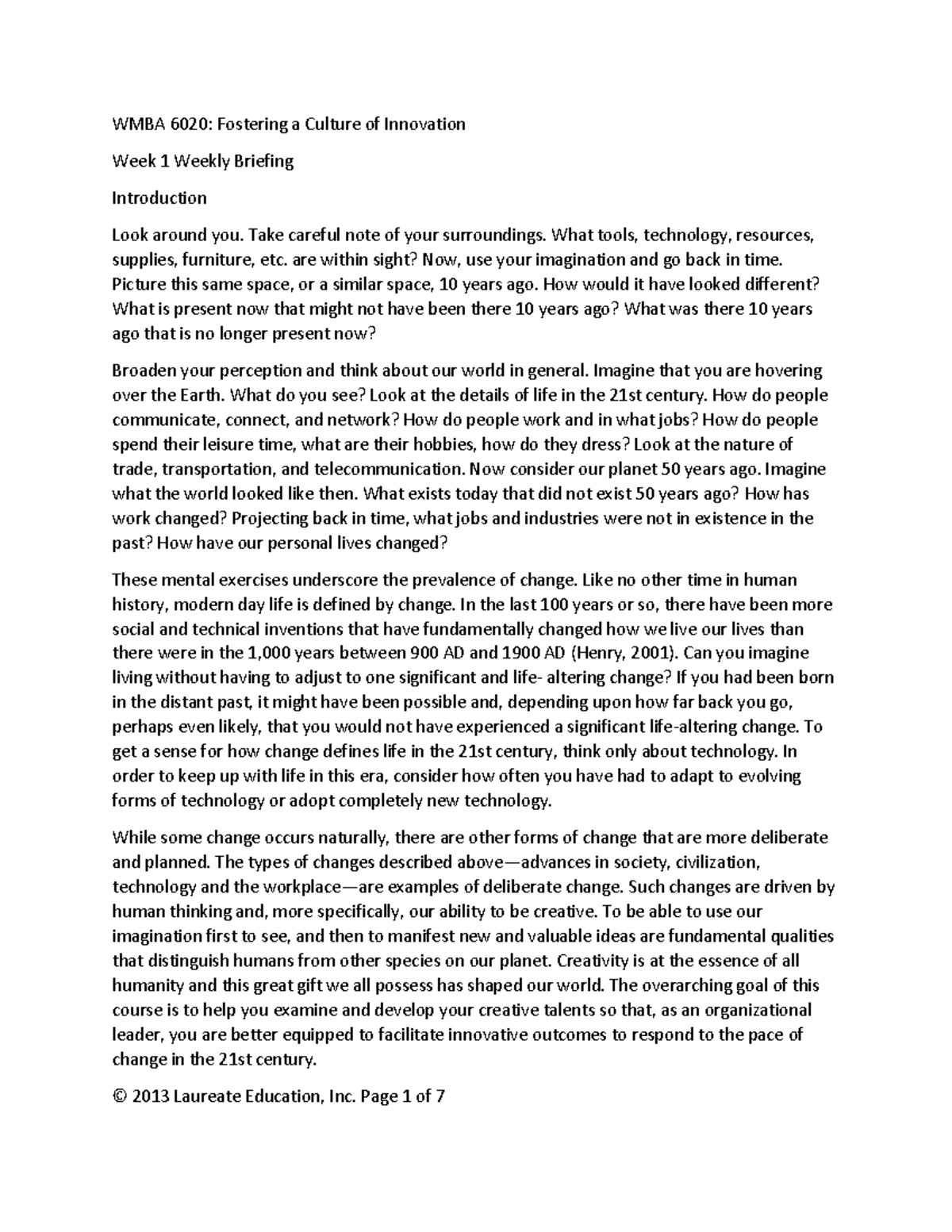 USW1 WMBA 6020 Week01 Weekly Briefing - WMBA 6020: Fostering a Culture ...